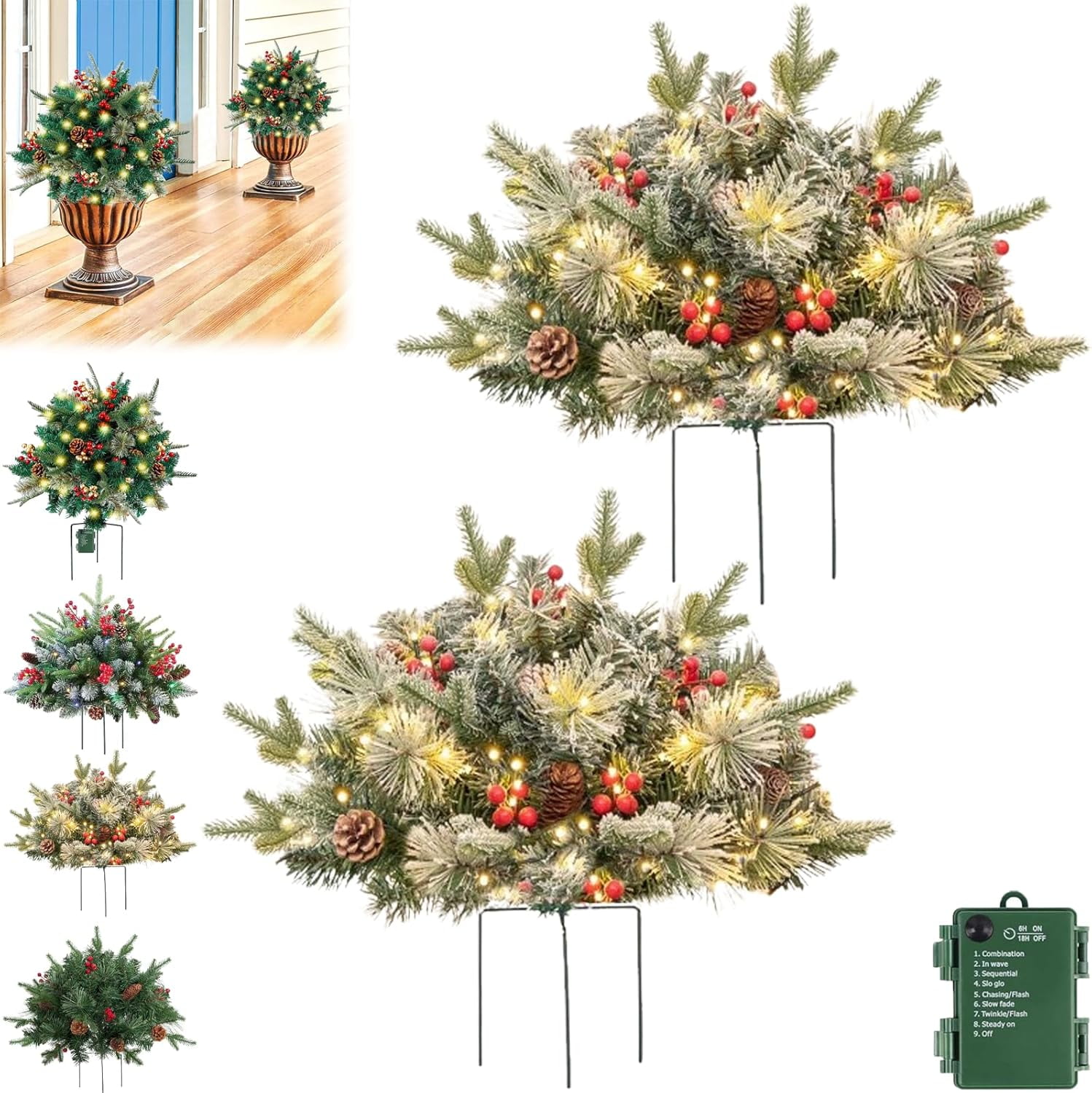 Ideaplaned Pre-lit Artificial Christmas Tree Urn Filler, 2 Pack Battery ...
