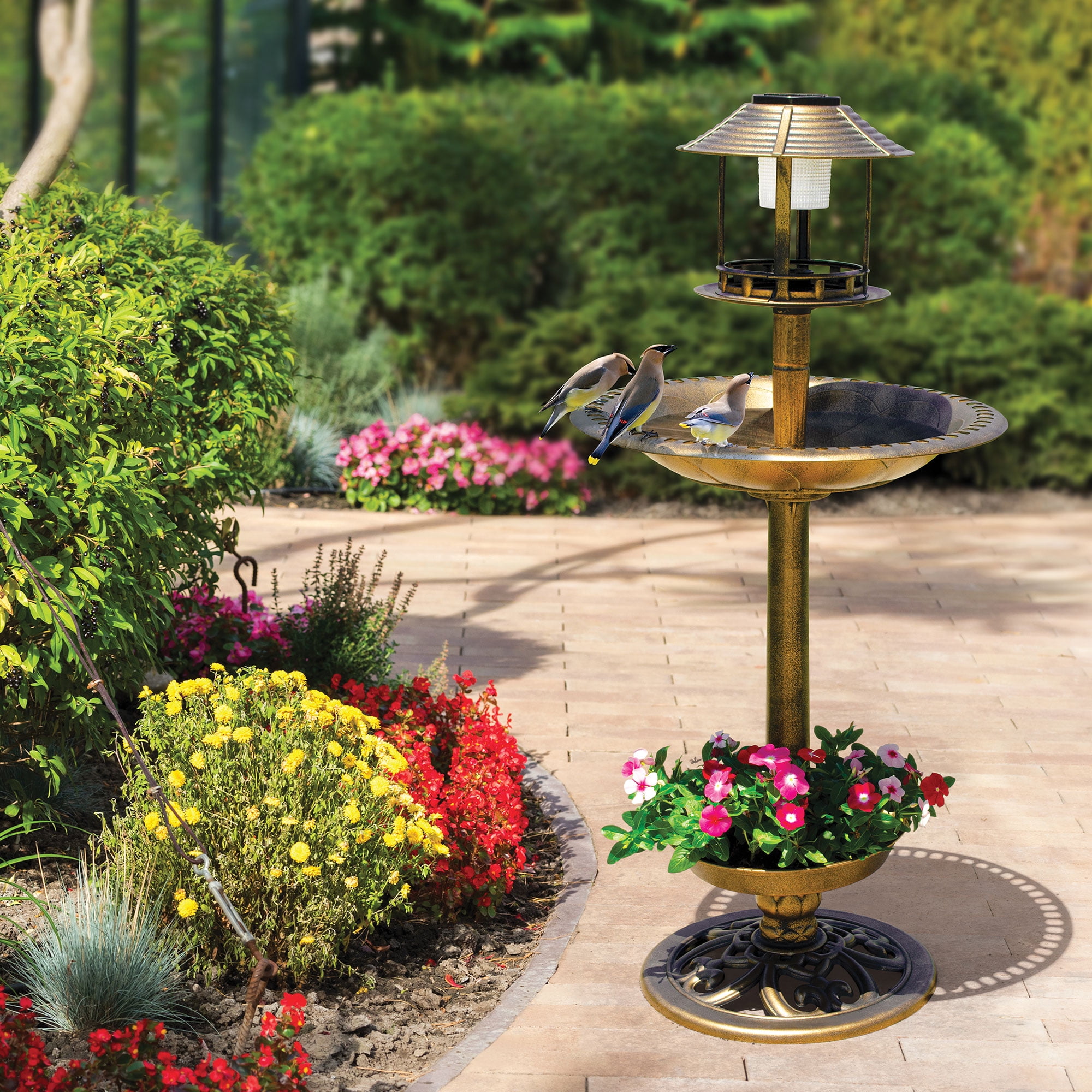Ideaworks Solar-Powered Bird Bath, LED Light, Planter Feeder, Outdoor Decor - Walmart.com