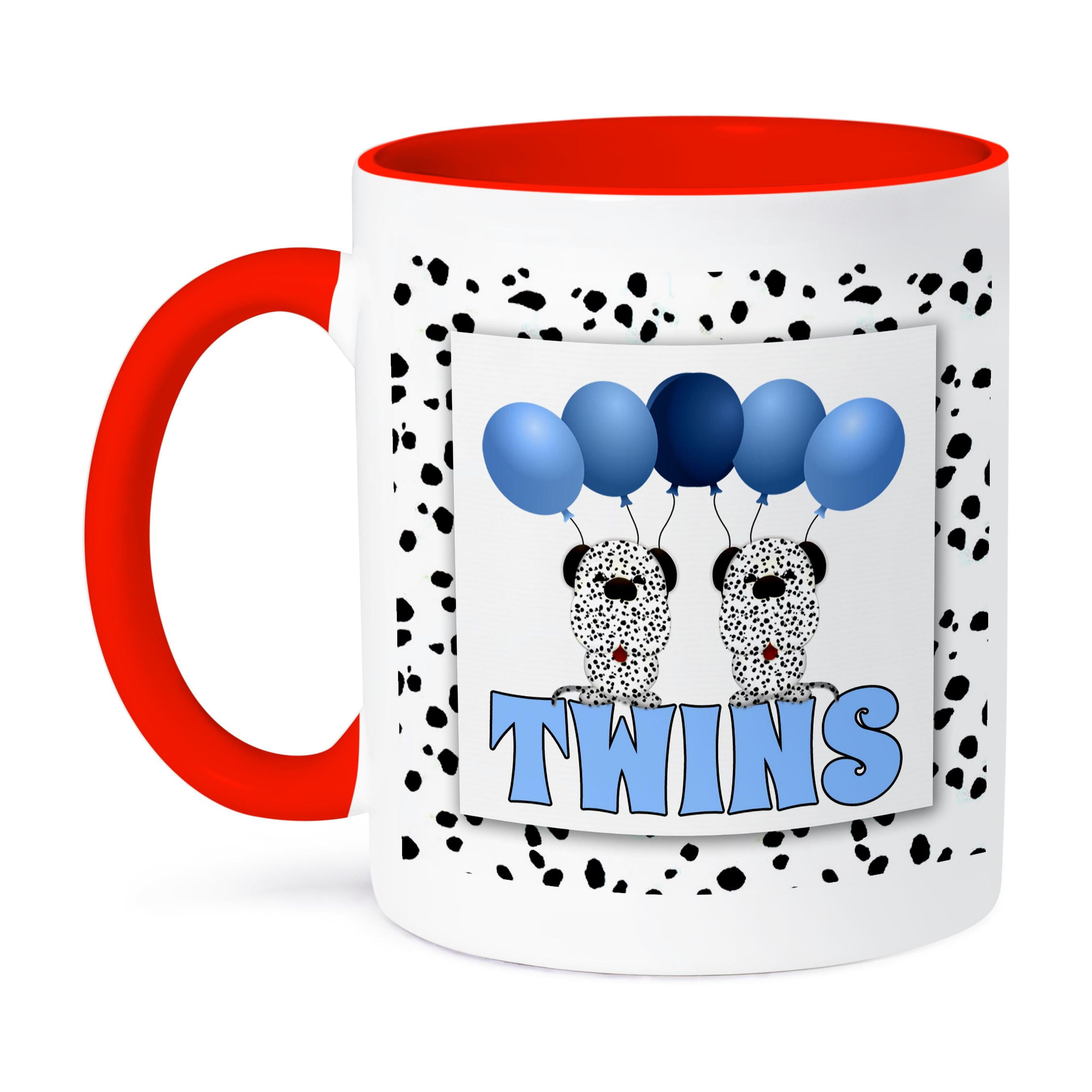 3dRose, Identical Twins Boys Dalmatians with Balloons in Blue and White, 11oz Two-Tone Red Mug ...