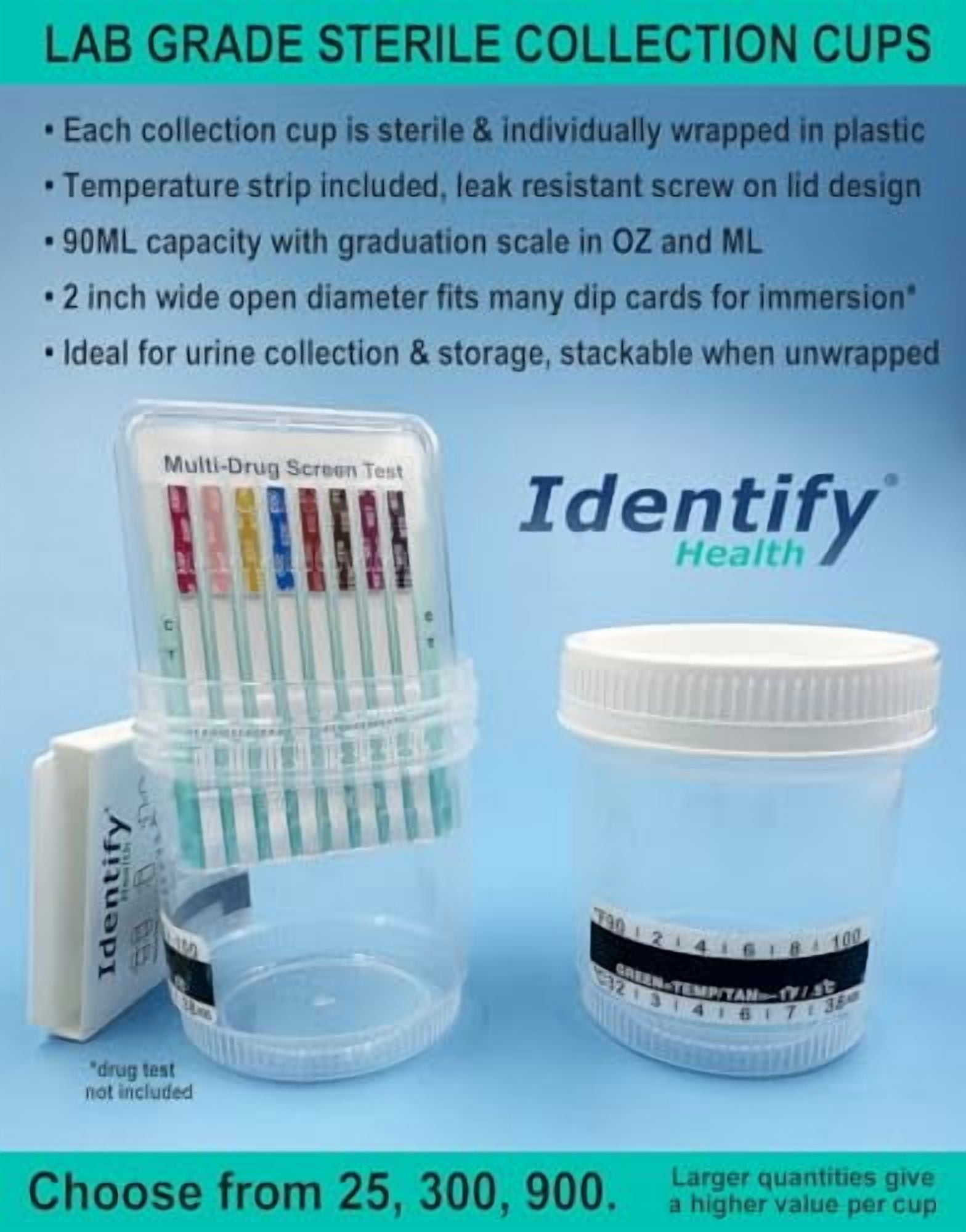 Identify Health Sterile Urine Specimen Cups with Lids | 300 Pack | 90 ...