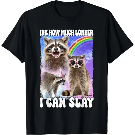 Idk How Much Longer I Can Slay Meme Raccoon Funny Art Graphic Tee Shirt ...