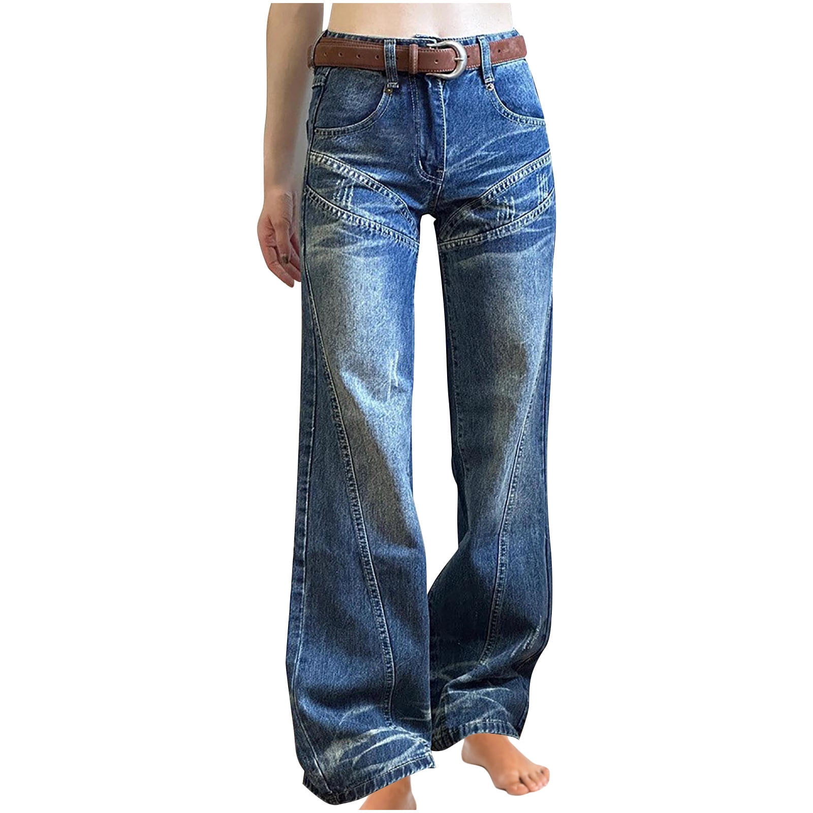 Idoravan Jeans for Women Trendy Women's Solid Color Washed Patchwork ...