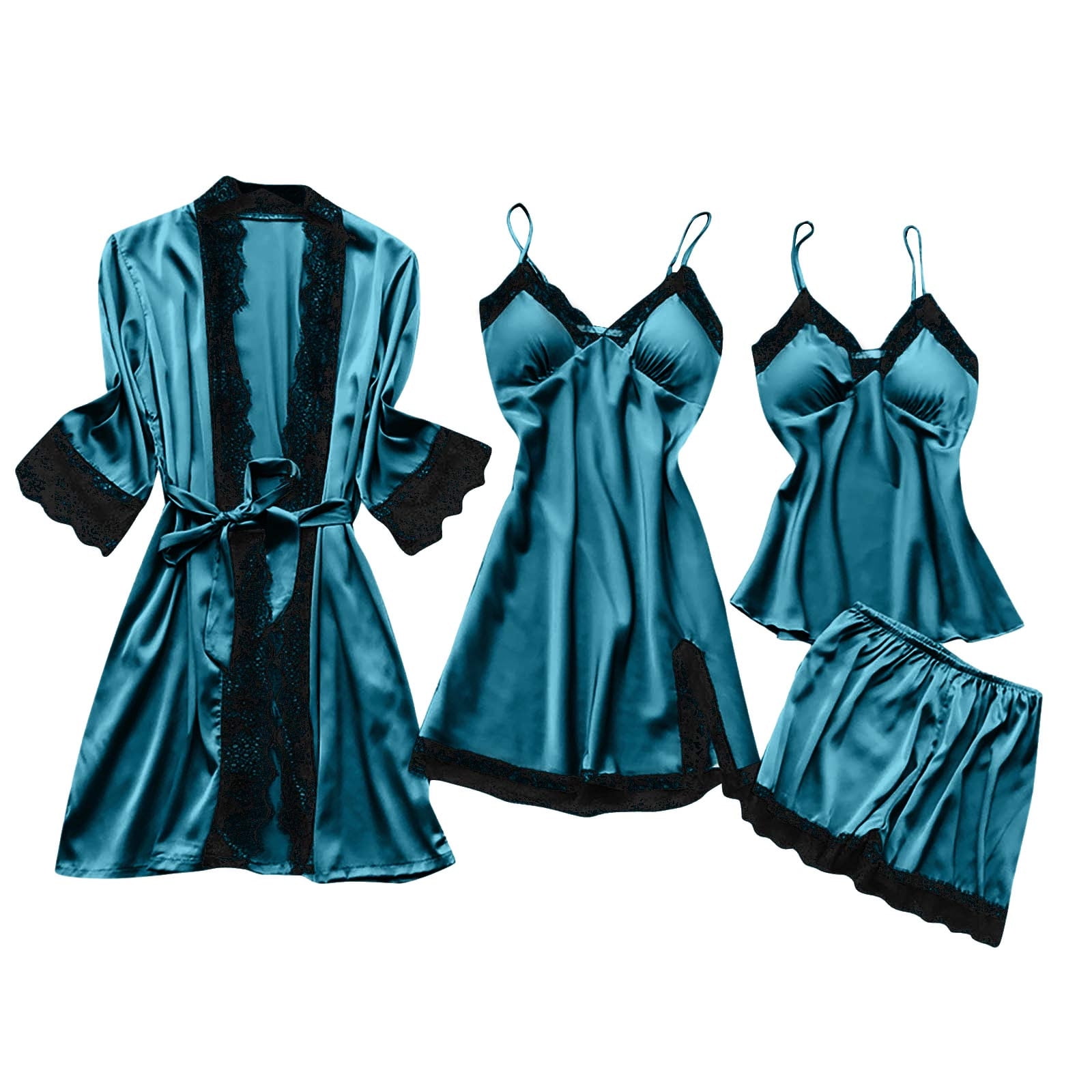 Idoravan Womens Silk Lace Robe Dress Sleepwear Nightdress Set Four ...