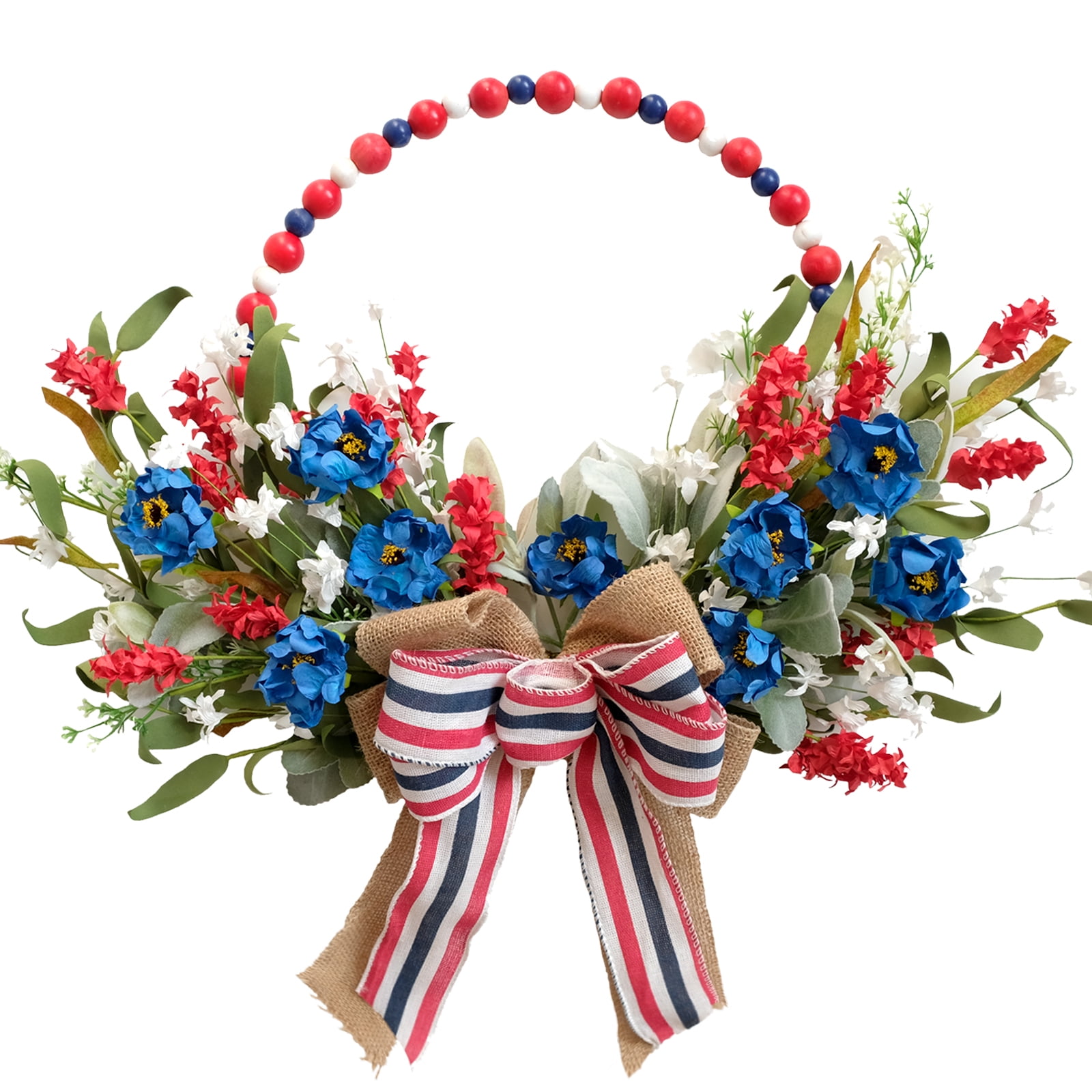 Idyllic 16 Inch Patriotic Wood Balls Flowers Wreath for Front Door Red ...