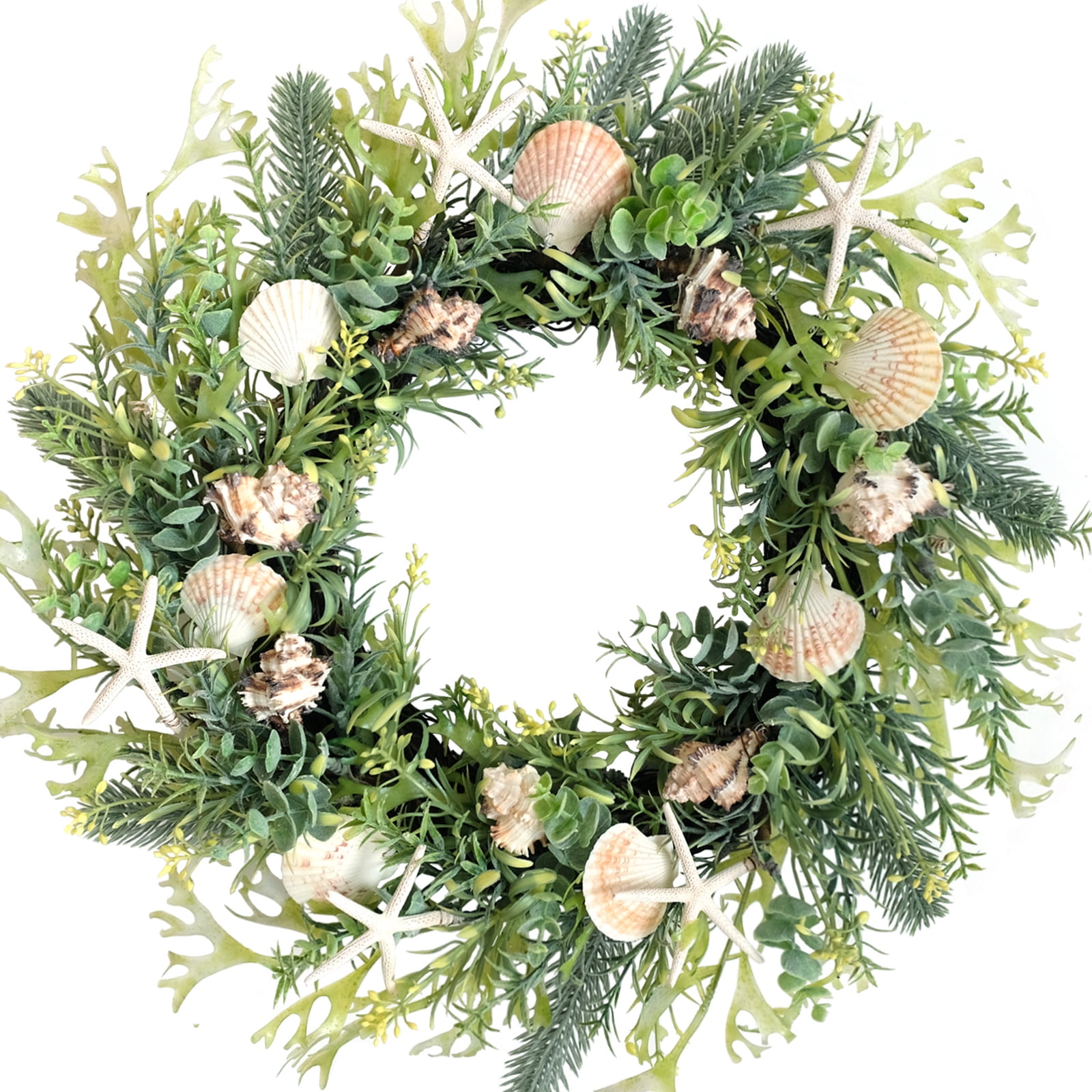 Idyllic 18 Inch Seashell Wreath with Green Leaves for Front Door and ...