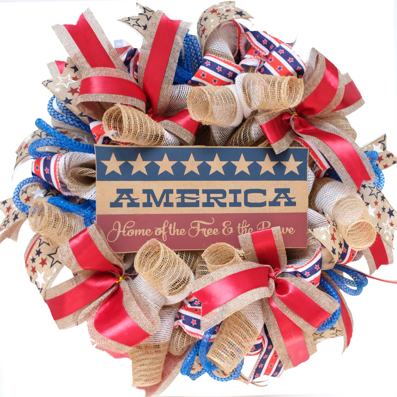 Idyllic 20-Inch Patriotic Burlap Wreath, Rustic Red White Blue Flag ...