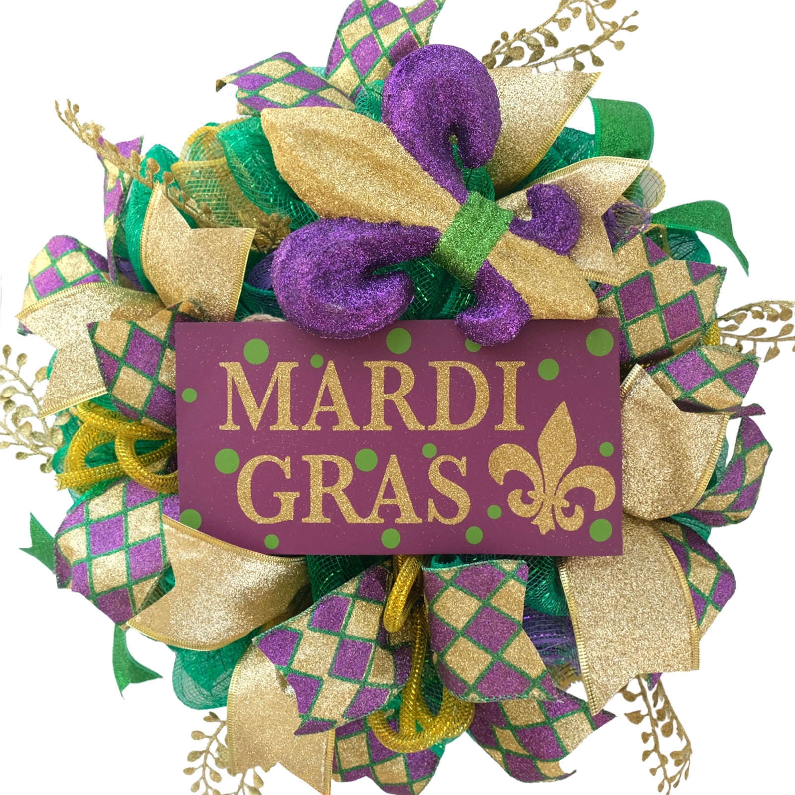 Idyllic Mardi Gras Wreaths for Front Door, 16’’Artificial Glitter Bows ...