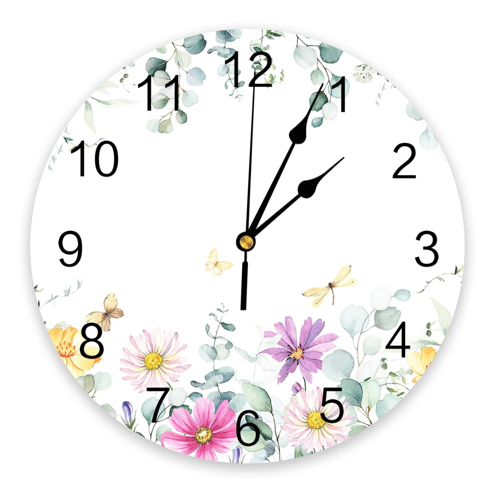 Idyllic Wildflower Leaves Round Wall Clock Modern Design Kitchen ...