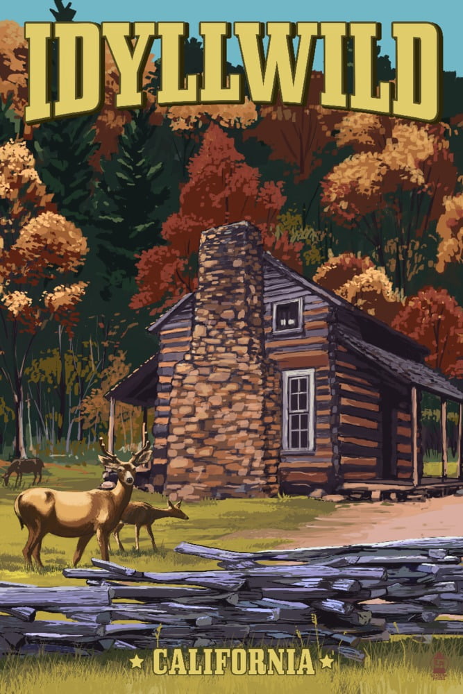 Idyllwild, California, Deer Family and Cabin Scene (16x24 Giclee ...