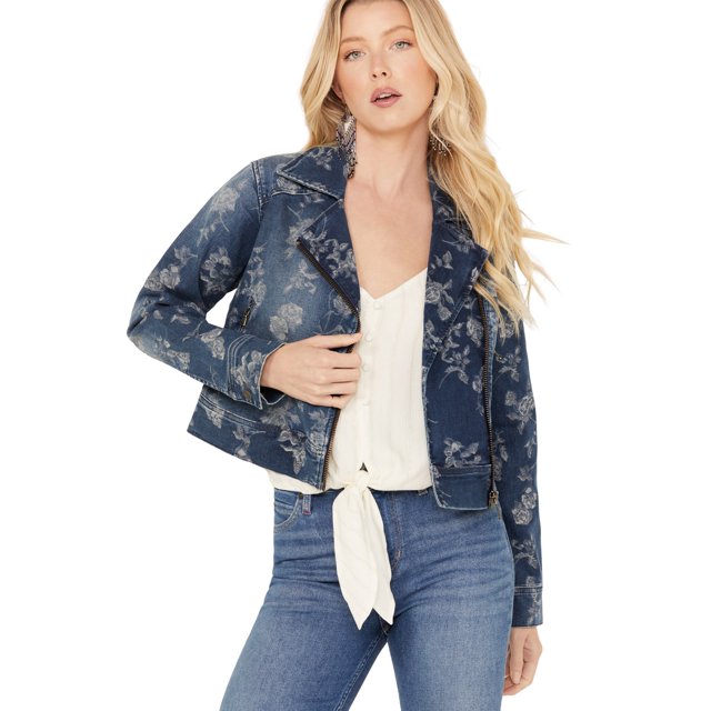 Idyllwind Women's Floral Drive Print Denim Moto Jacket Dark Medium Wash ...