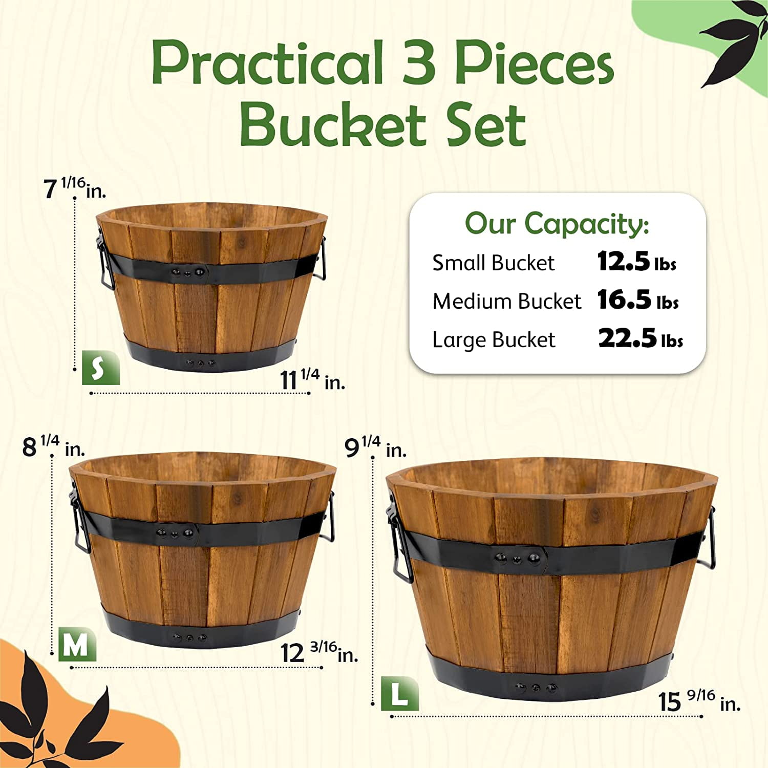 Idzo Set of 3 Wooden Flower Boxes Outdoor, Acacia Wood Barrel Planters ...
