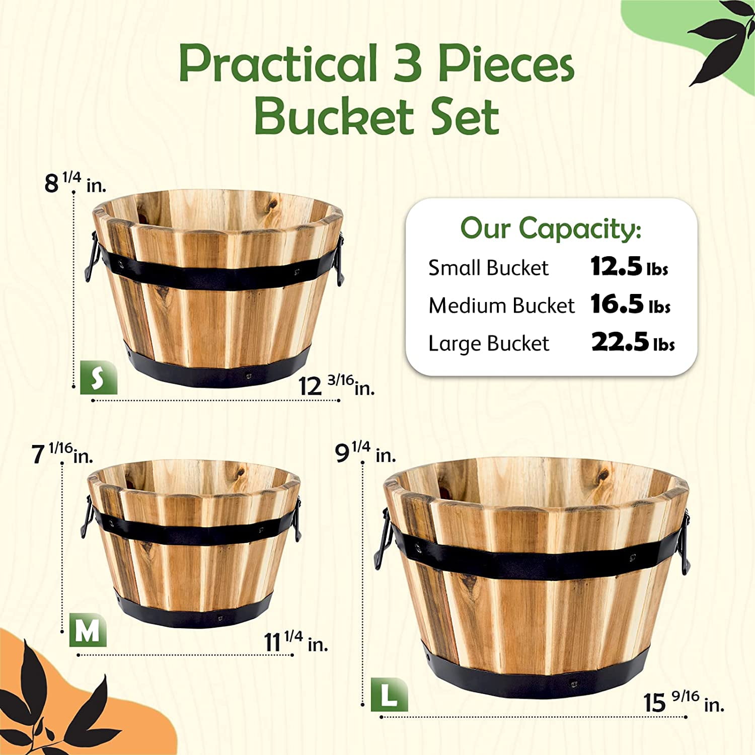 Idzo Set of 3 Wooden Flower Boxes Outdoor, Acacia Wood Barrel Planters ...