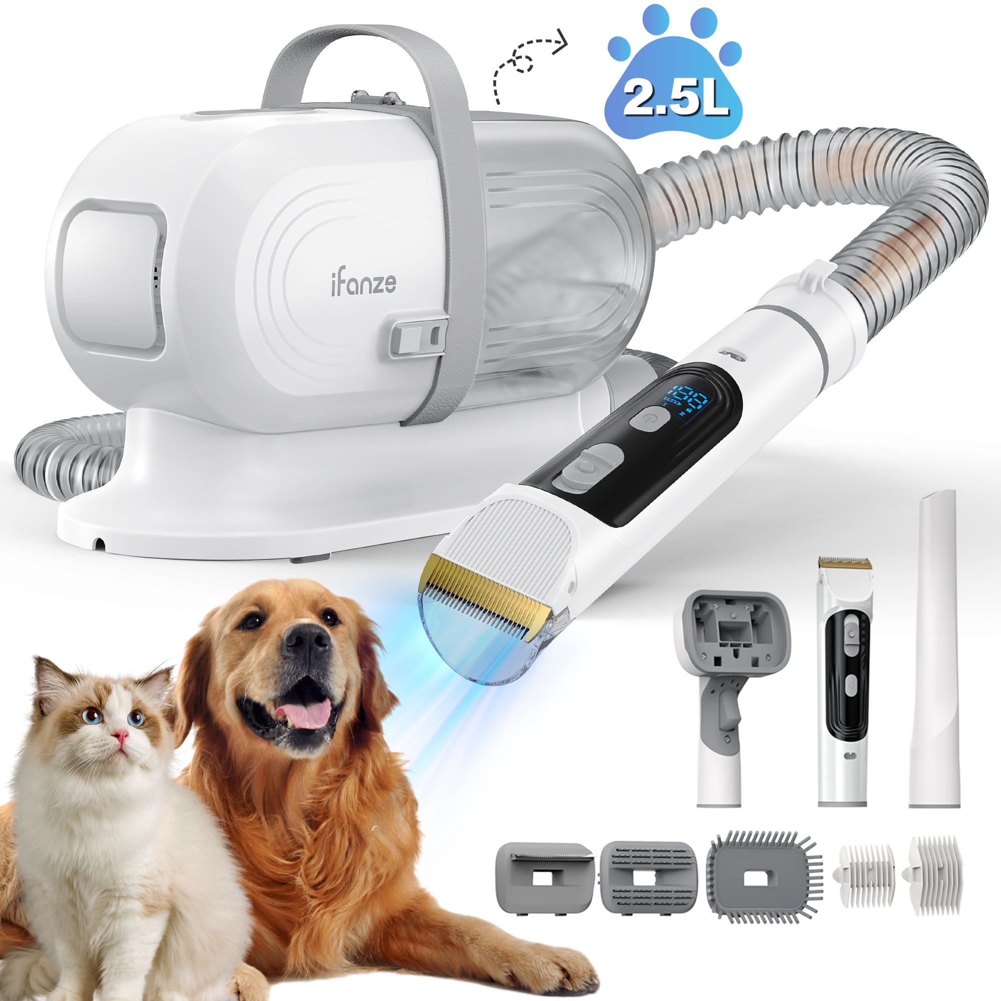 Ifanze 14KPa Dog Grooming Kit & Vacuum, 2.5L Pet Hair Vacuum Suction 99% Pet Hair,3 Modes ...