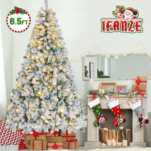 Ifanze 6.5ft Pre-lit Snow Flocked Christmas Tree with 300 Warm Lights ...