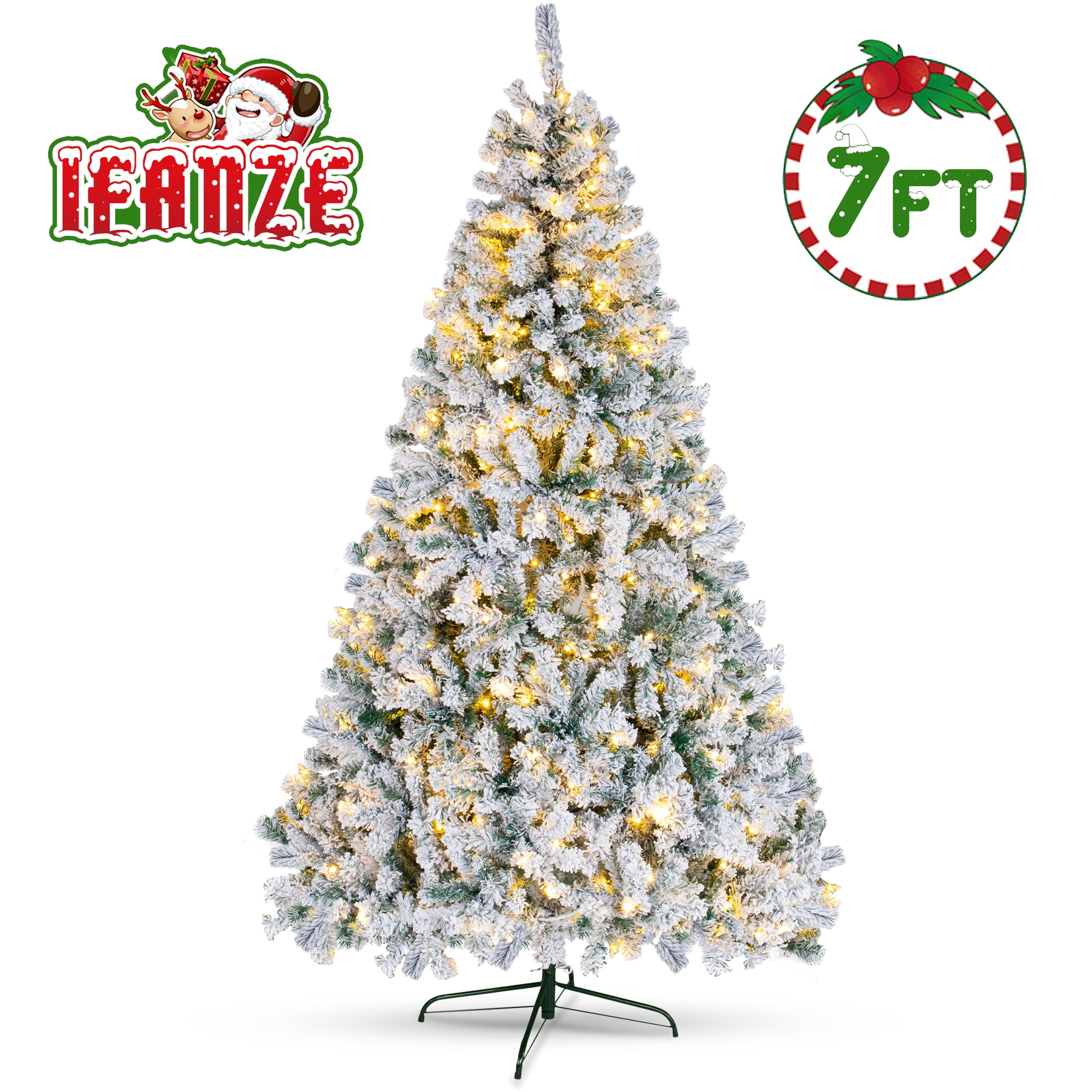 Ifanze 7 Foot Pre-lit Snow Flocked Christmas Tree with 300 LED Lights ...