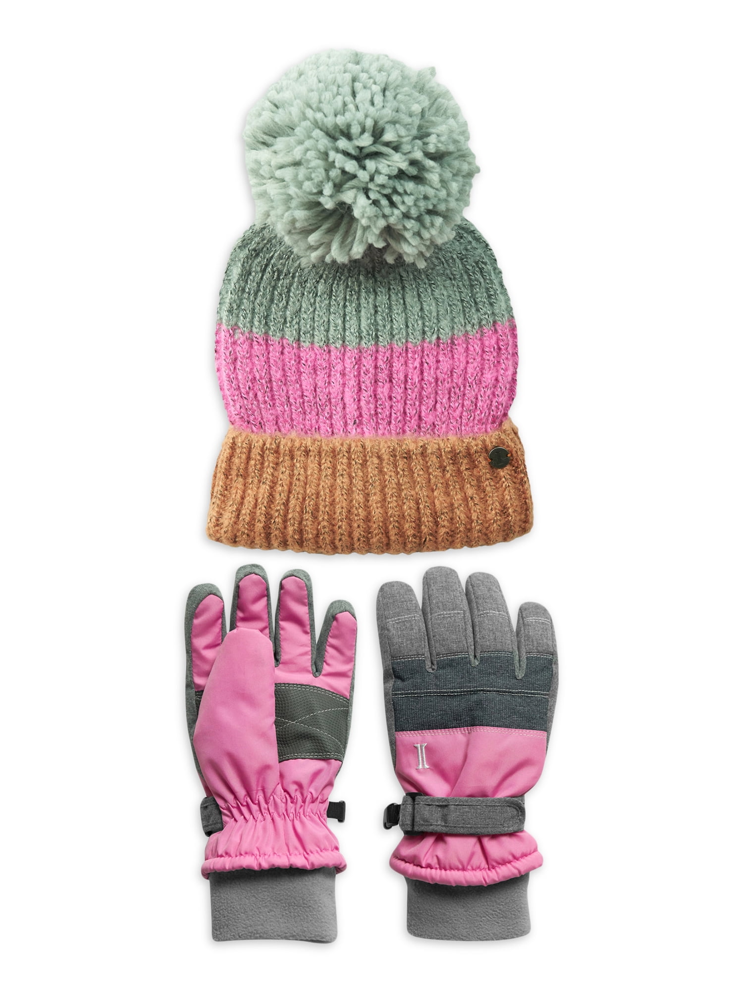 Igloos Girls Colorblock Pom Beanie Winter Hat and Ski Glove 2-Piece Set ...
