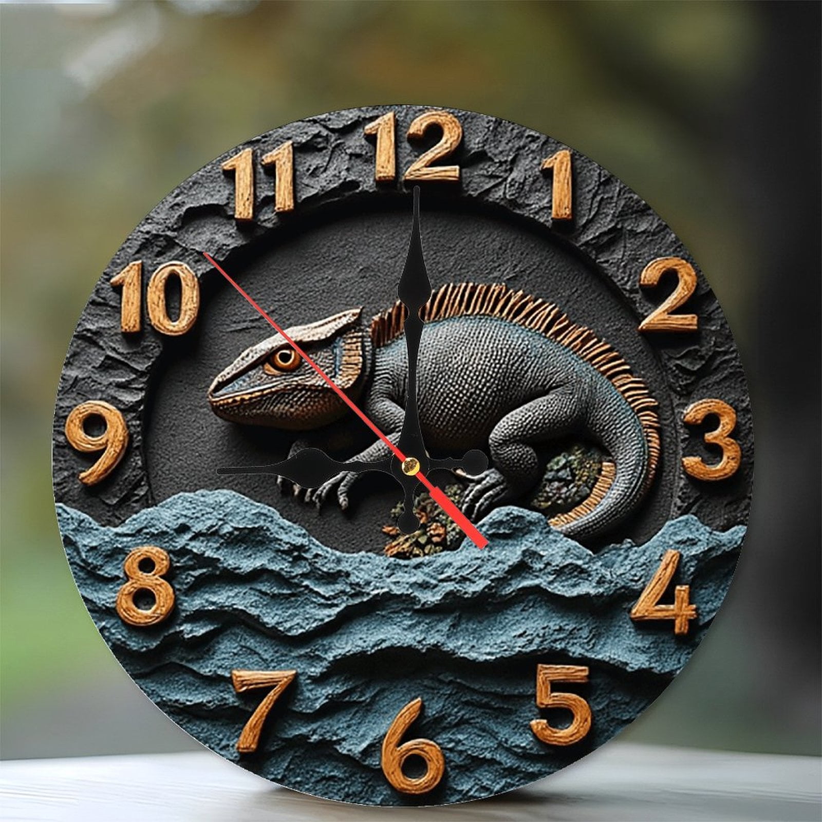 Iguana Lizard Wall Clock Resin Craft Home Decor 10-Inch Silent Wooden ...