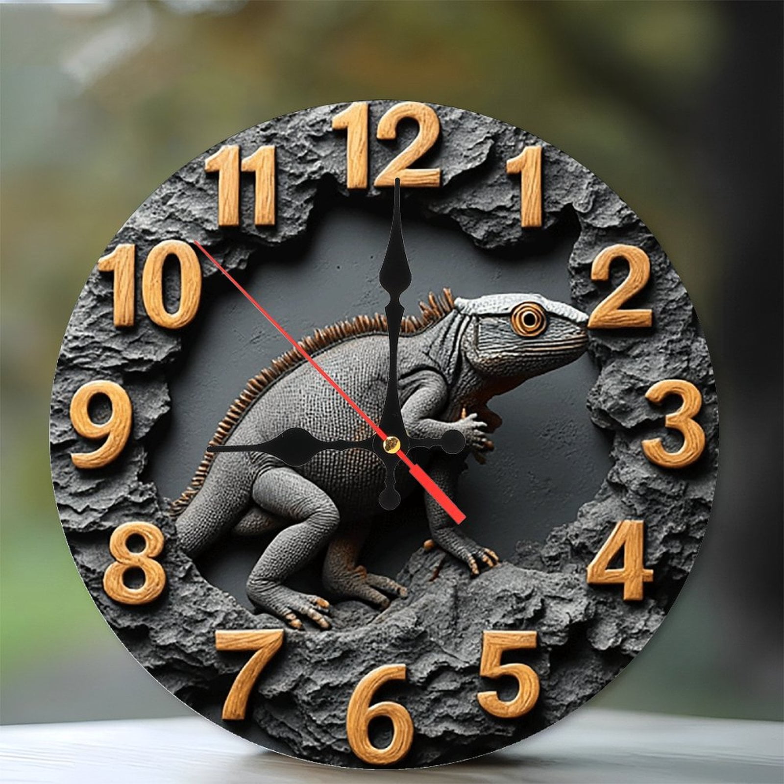 Iguana Lizard Wall Clock Resin Stone Decor 10-Inch Silent Wooden Wall ...