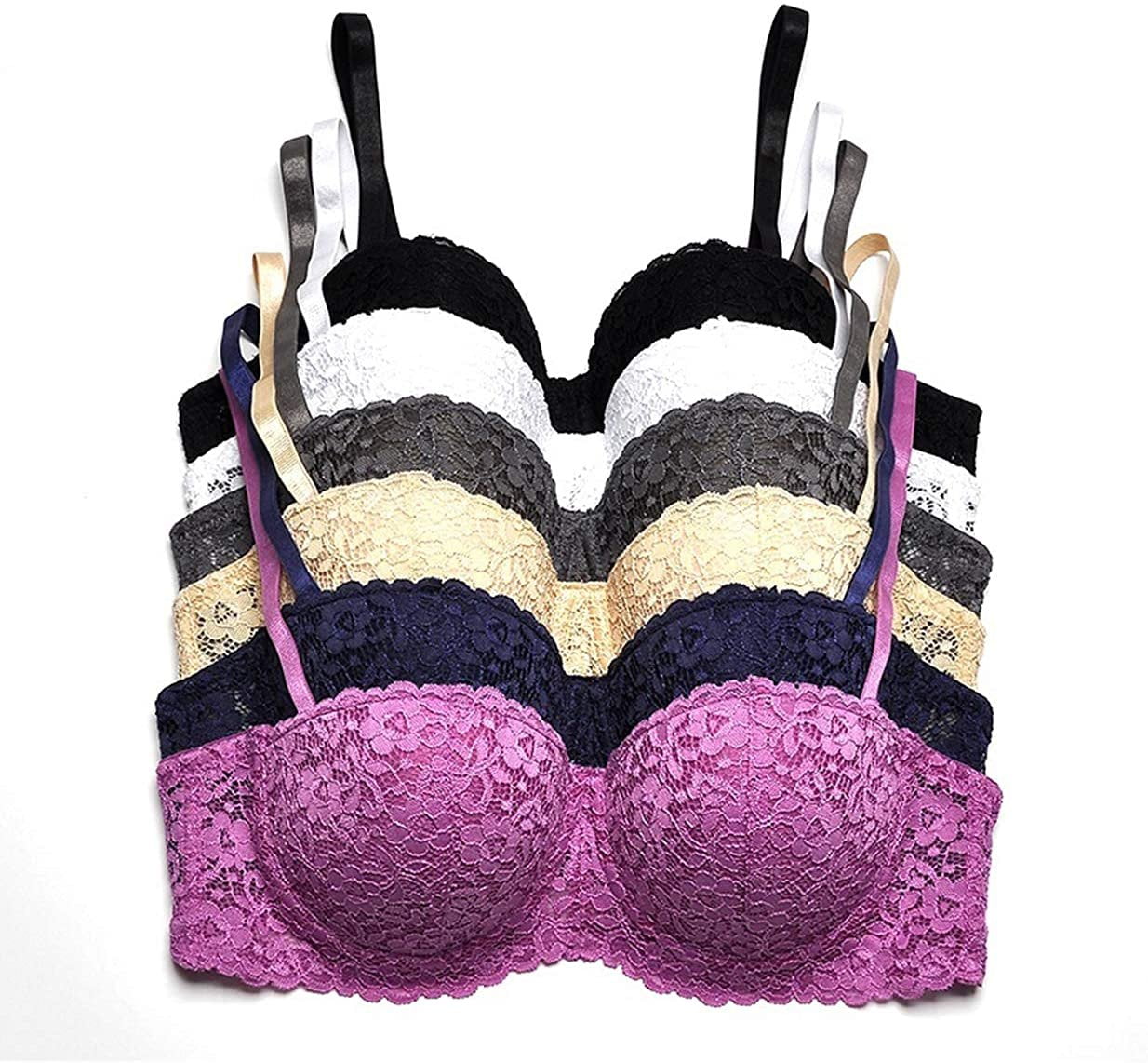 Iheyi 6 Pieces Plus Size Wired Full Cup Lace Plain Light Padded D DD ...