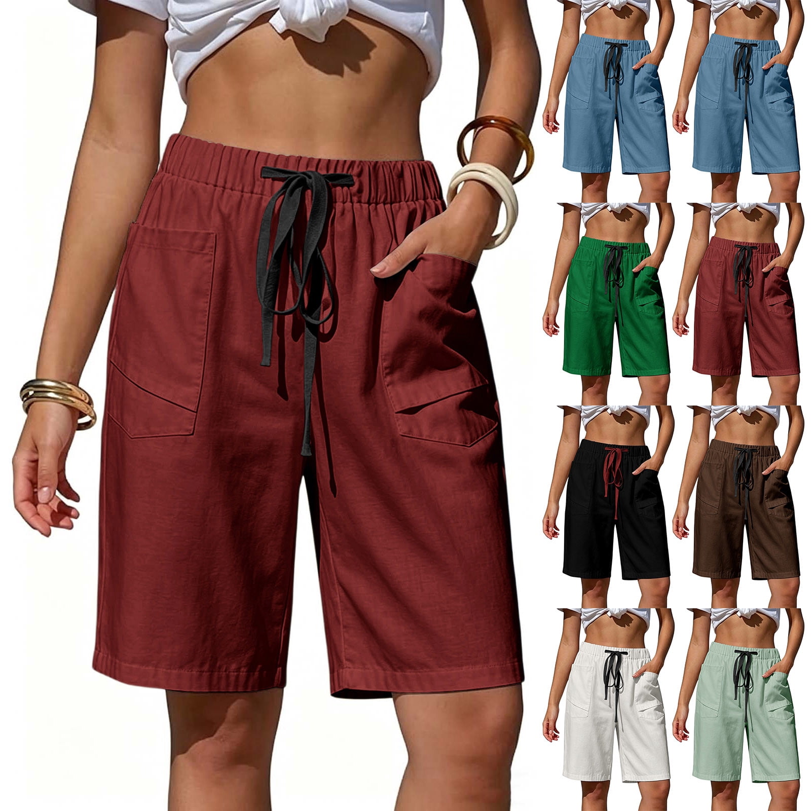 Ihhxva Bermuda Shorts for Women High Waist Relaxed Fit Paper Bag Button ...