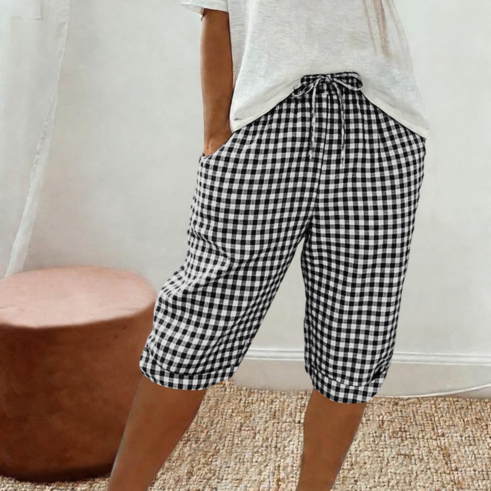 Ihhxva Cotton Linen Bermuda Shorts for Women Knee Length Plaid Elastic ...