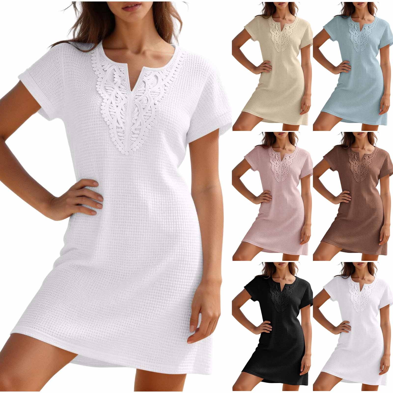 Ihhxva Dress for Women V-Neck Short Sleeve Solid Color Stretchable ...