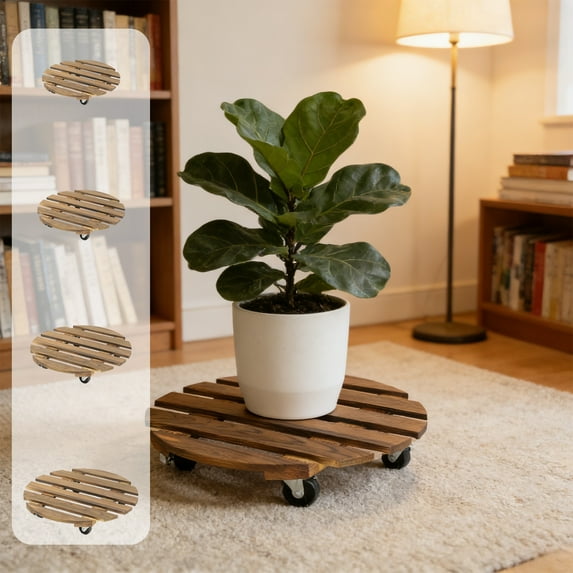 Ihhxva Heavy-duty Wooden Rolling Flower Pot Stand, Carbonized Wood ...