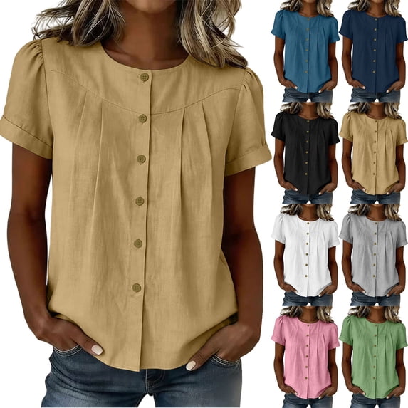 Ihhxva Linen Tops for Women Crew Neck Short Sleeve Solid Color ...