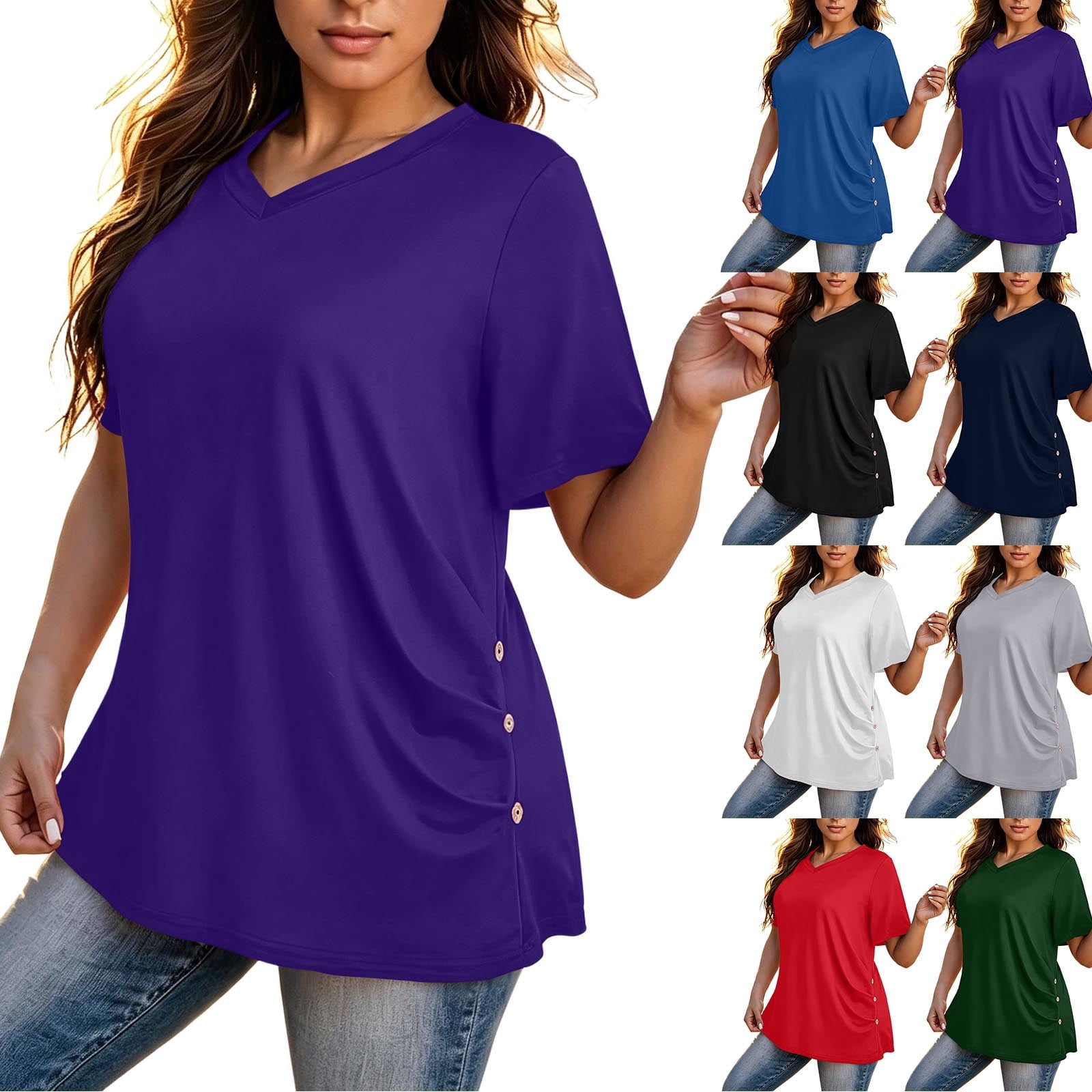Ihhxva Plus Size Women's V-Neck Tunic Top Loose Button Side Blouse ...