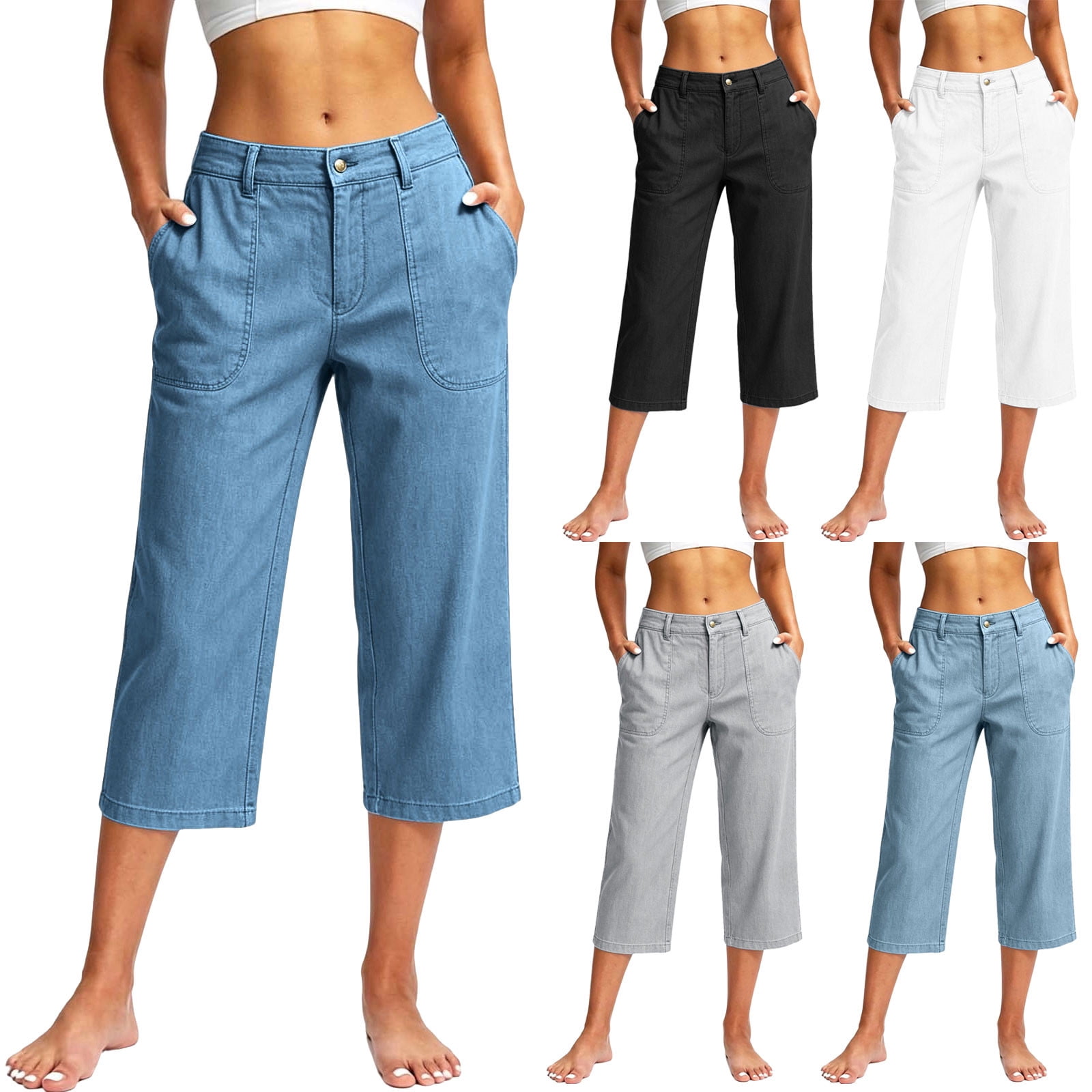 Ihhxva Women's 3/4 Length High Waisted Wide Leg Capri Pants with ...