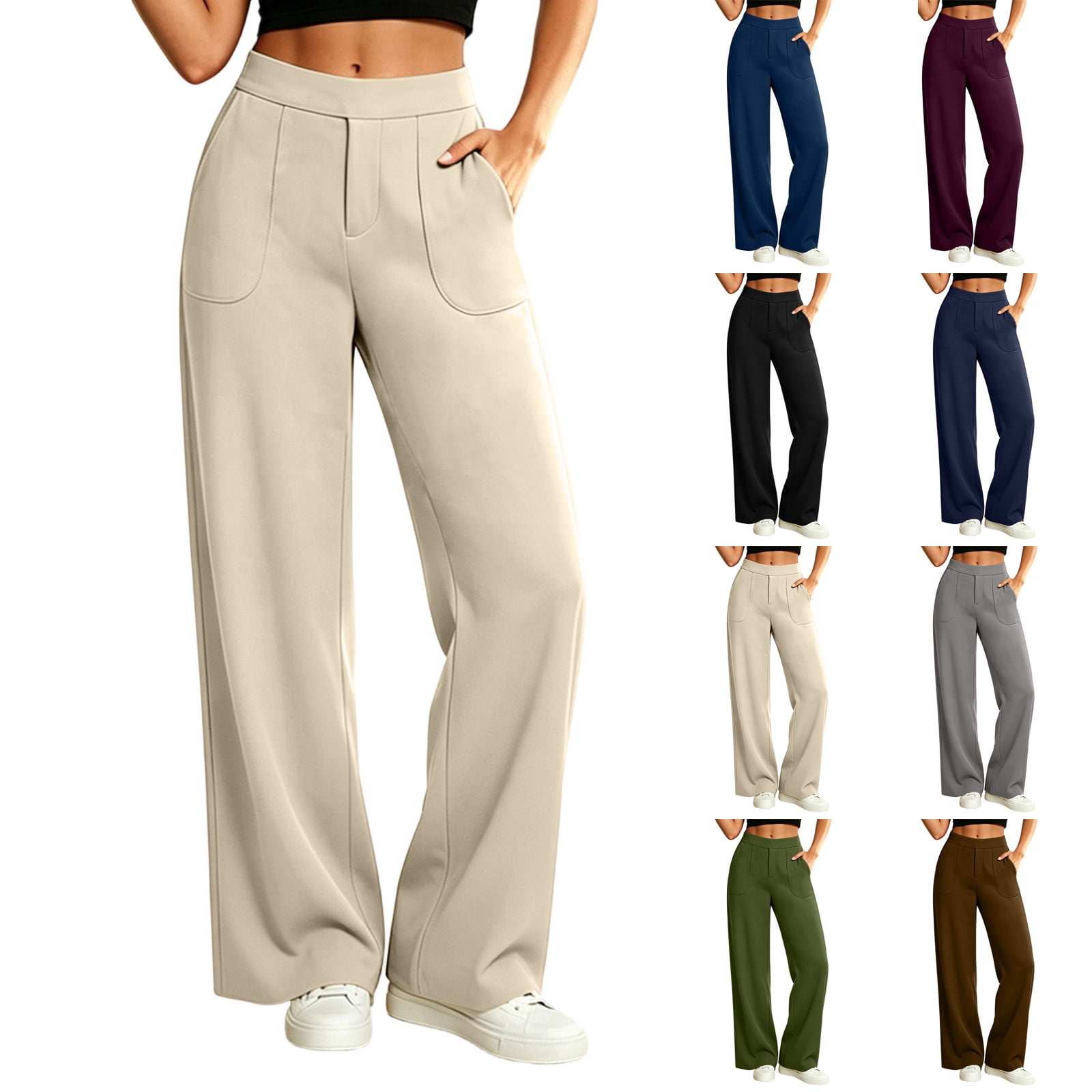 Ihhxva Women's Casual Solid Elastic Waist Pants with Pockets Stretch ...