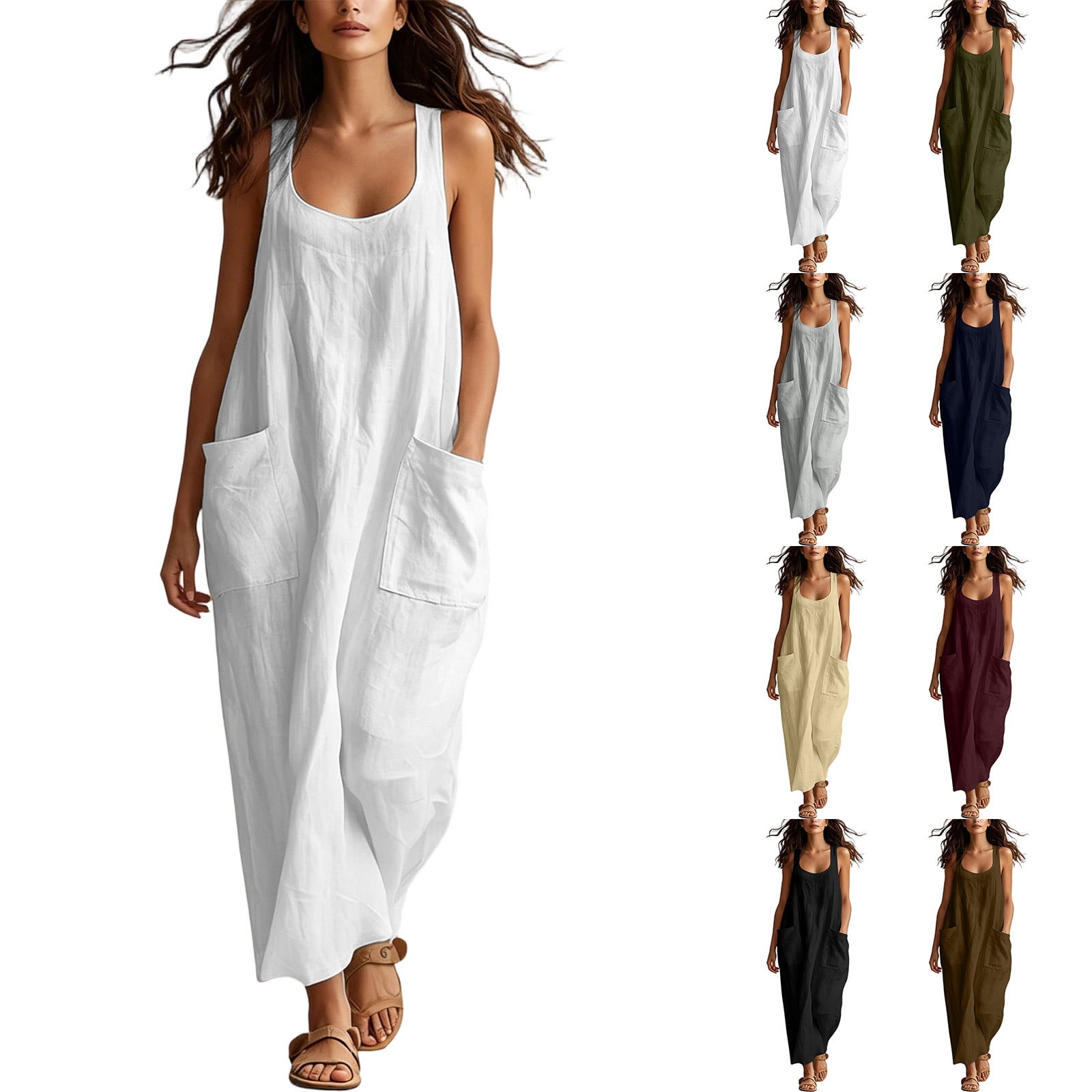 Ihhxva Women's Cotton Linen Boho Maxi Dress Sleeveless Stretchable ...