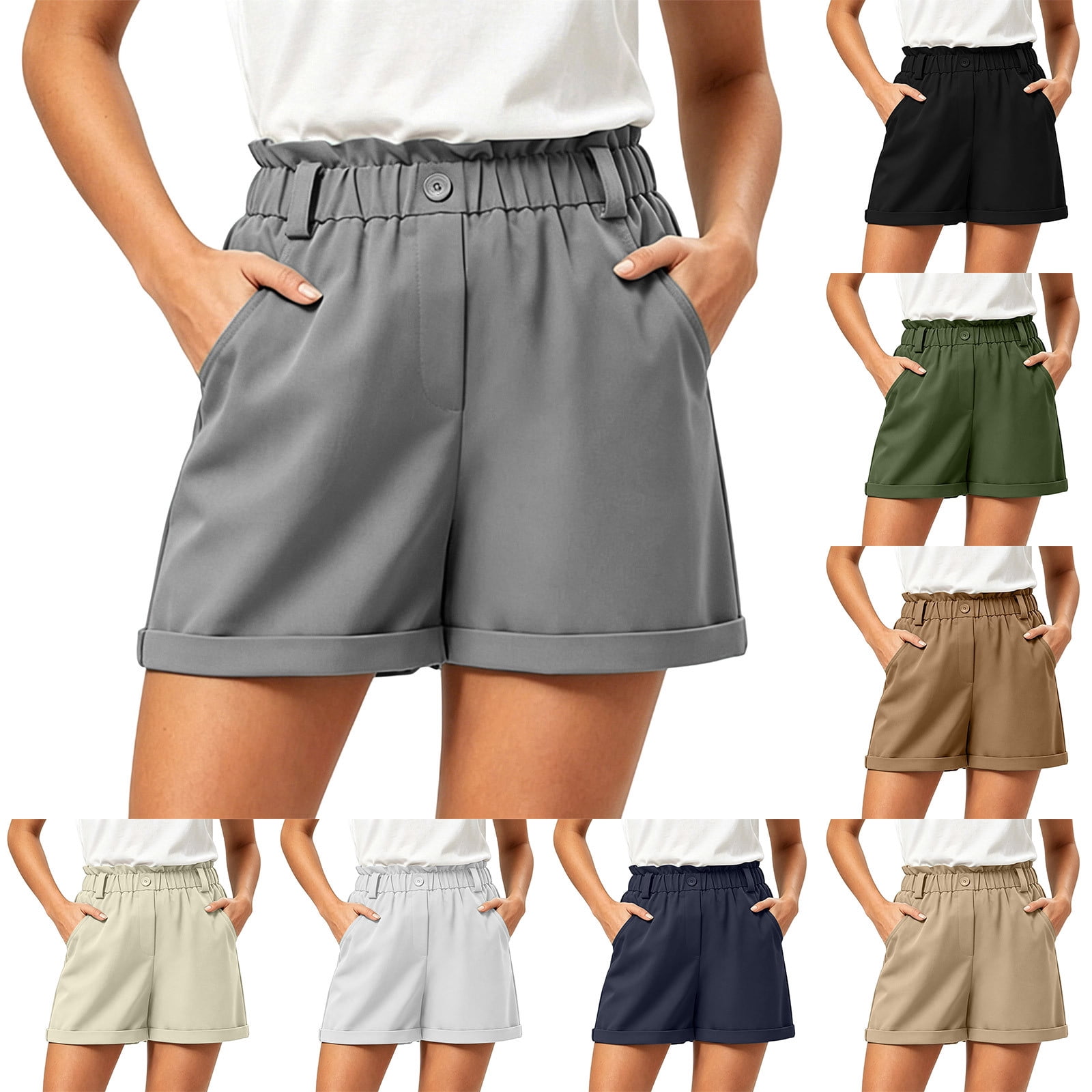 Ihhxva Women's High-Waisted Paper Bag Waist Shorts with Pockets ...