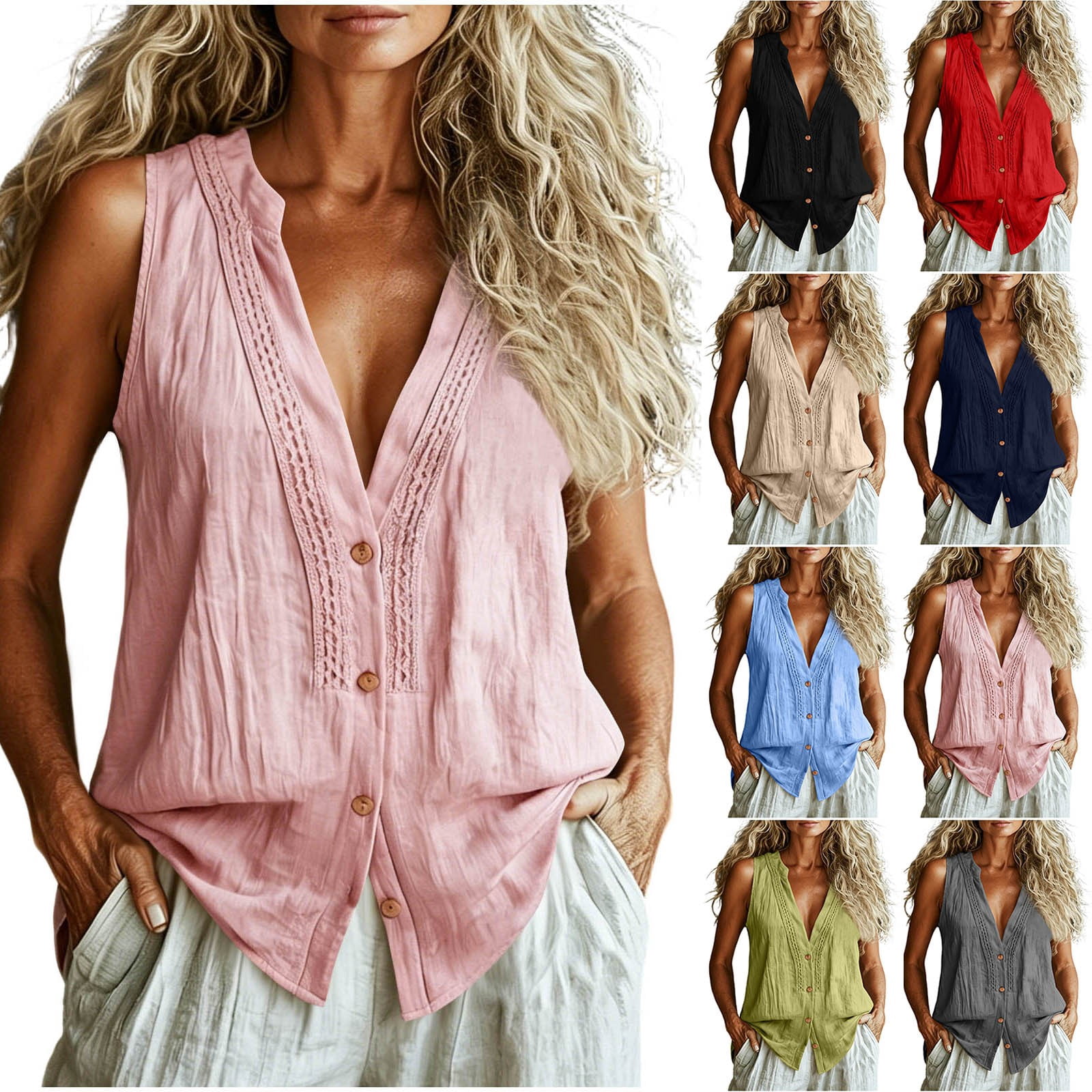 Ihhxva Women's Linen V-Neck Sleeveless Color Block Button Tank Top ...