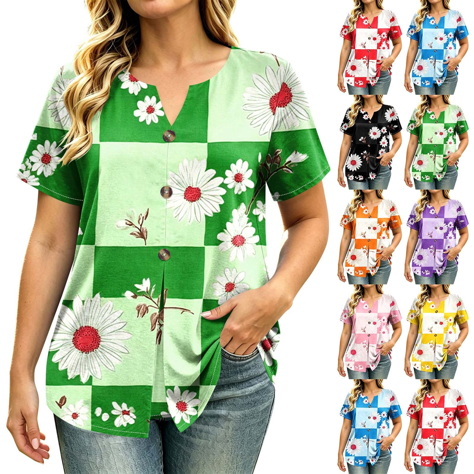 Ihhxva Women's V-Neck Short Sleeve Button Detail Floral Print Tunic Top ...