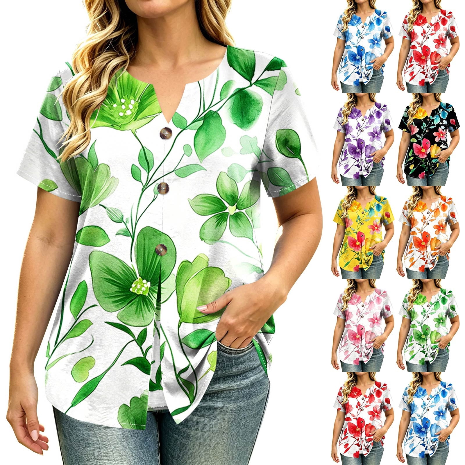 Ihhxva Women's V-Neck Short Sleeve Button Floral Print Stretchable ...