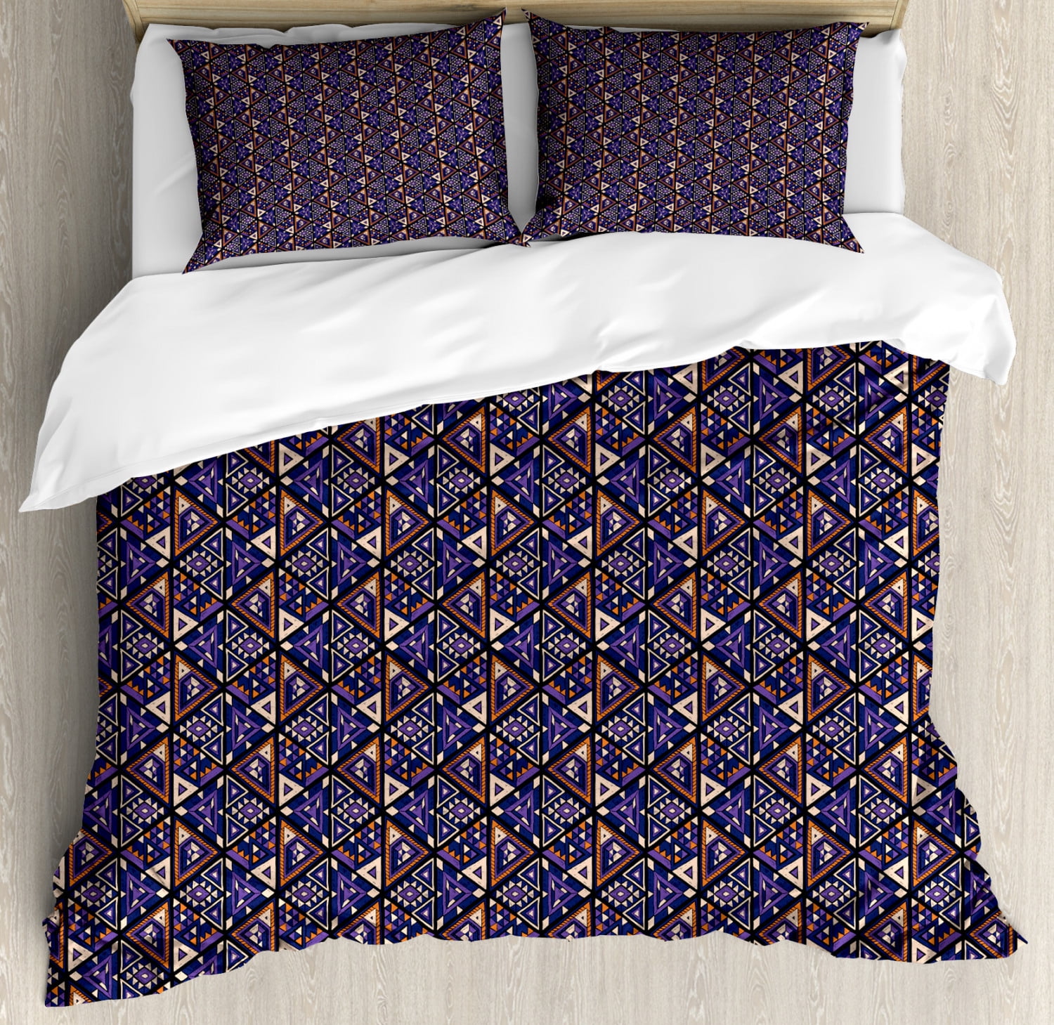 Ikat Duvet Cover Set Queen Size, Geometric Folklore Ornament with ...