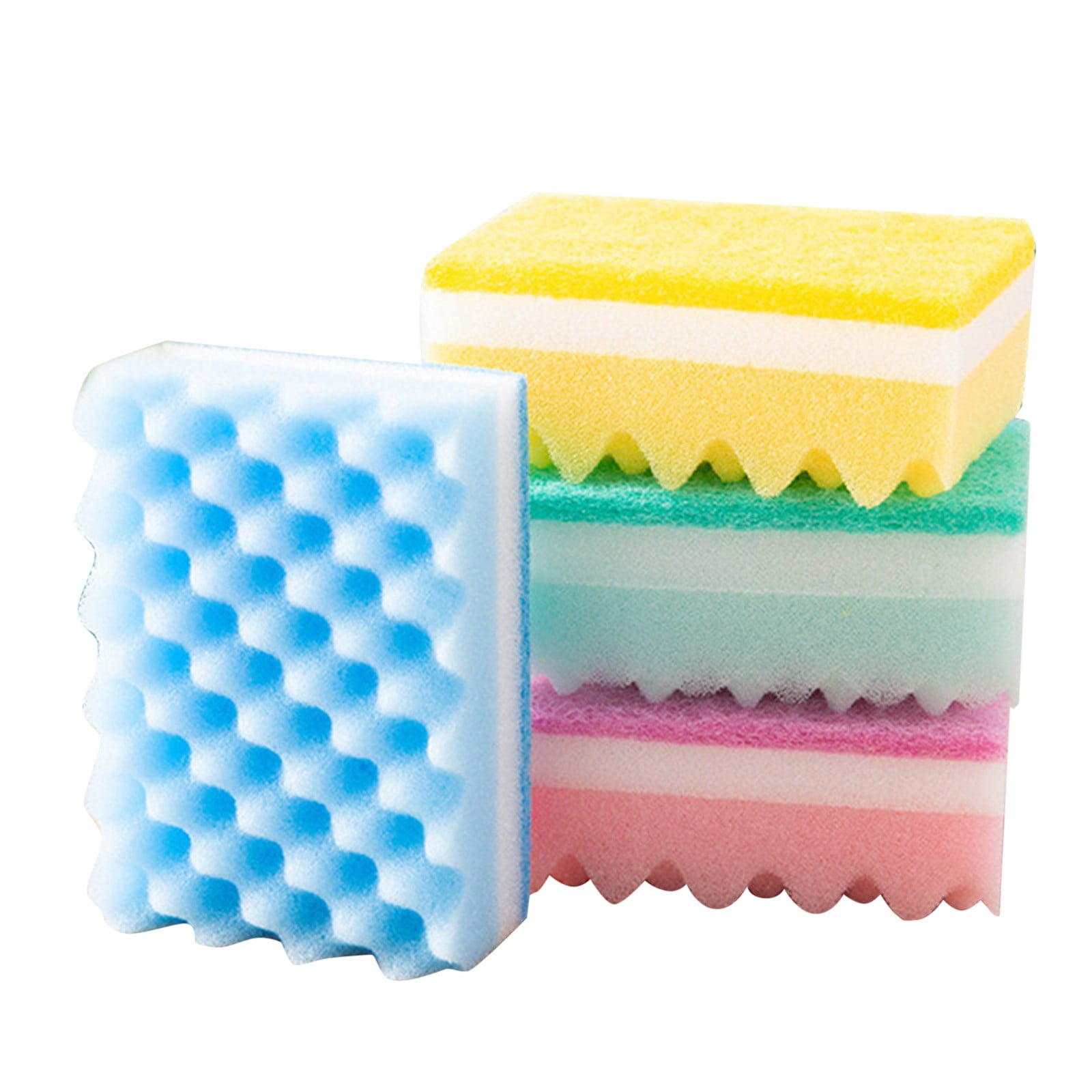 Ikeay 4-Piece Wavy Double-Sided Dishwashing Sponge, Thickening Scrubber ...