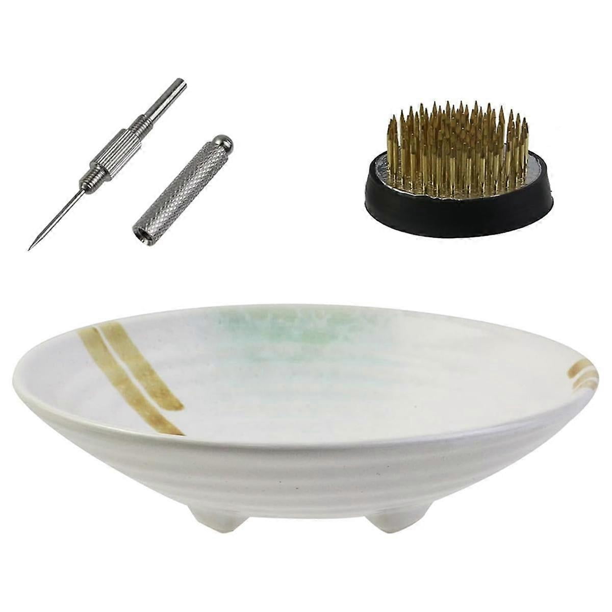 Ikebana Vase Kit, Ceramic Ikebana Bowl and Metal Flower Kenzan, with Needle Straightening Tool ...