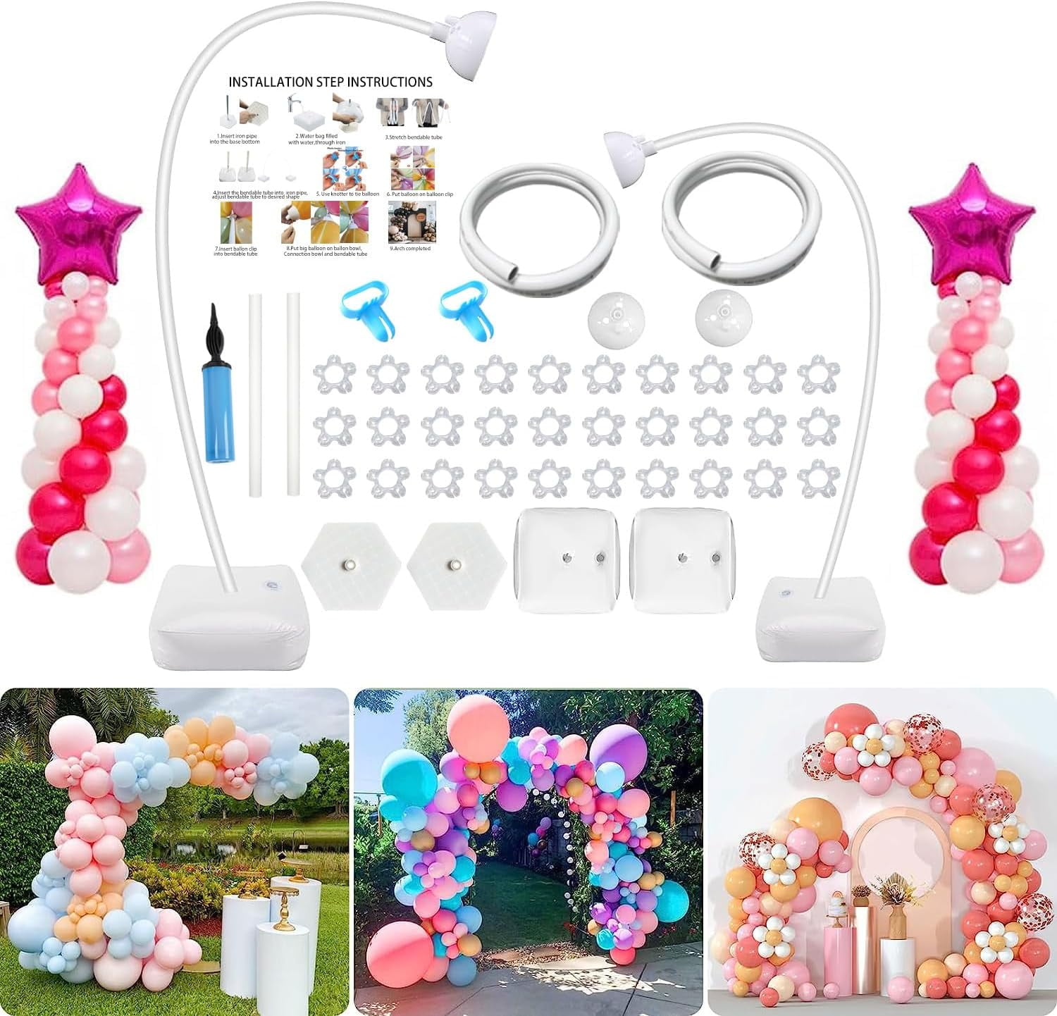 Ikerall Balloon Bendable Arch Stand with 30 Balloon Clips, Balloon Pump ...