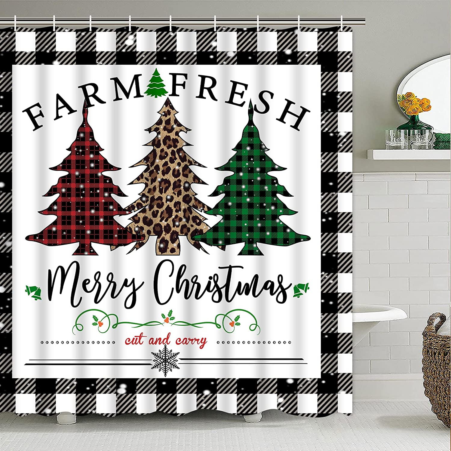 Ikfashoni Christmas Shower Curtain, Buffalo Plaid Christmas Tree Bathroom Curtain with 12 Hooks ...