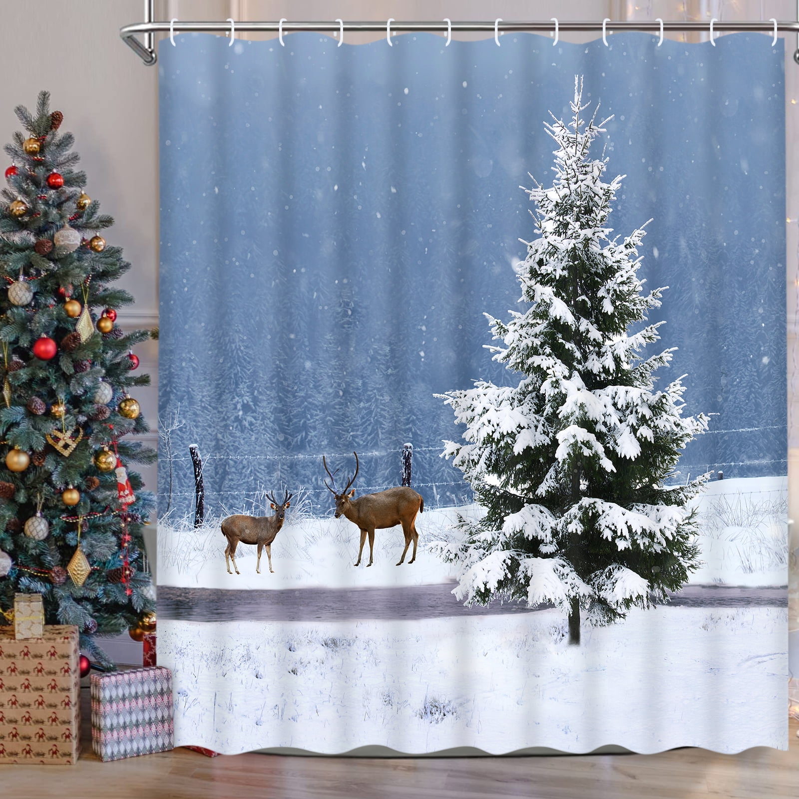 Ikfashoni Christmas Shower Curtain, Waterproof Fabric, Elk Snow ...