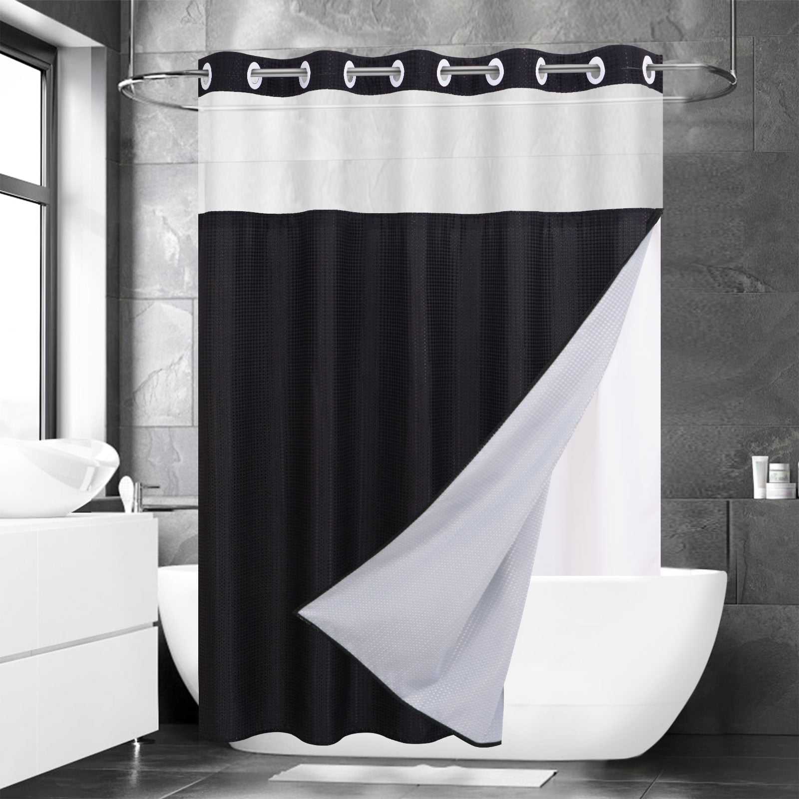 "Ikfashoni Hookless Shower Curtain, Black Waffle Fabric, Snap-In Liner, Mesh Window, 72""x86 ...