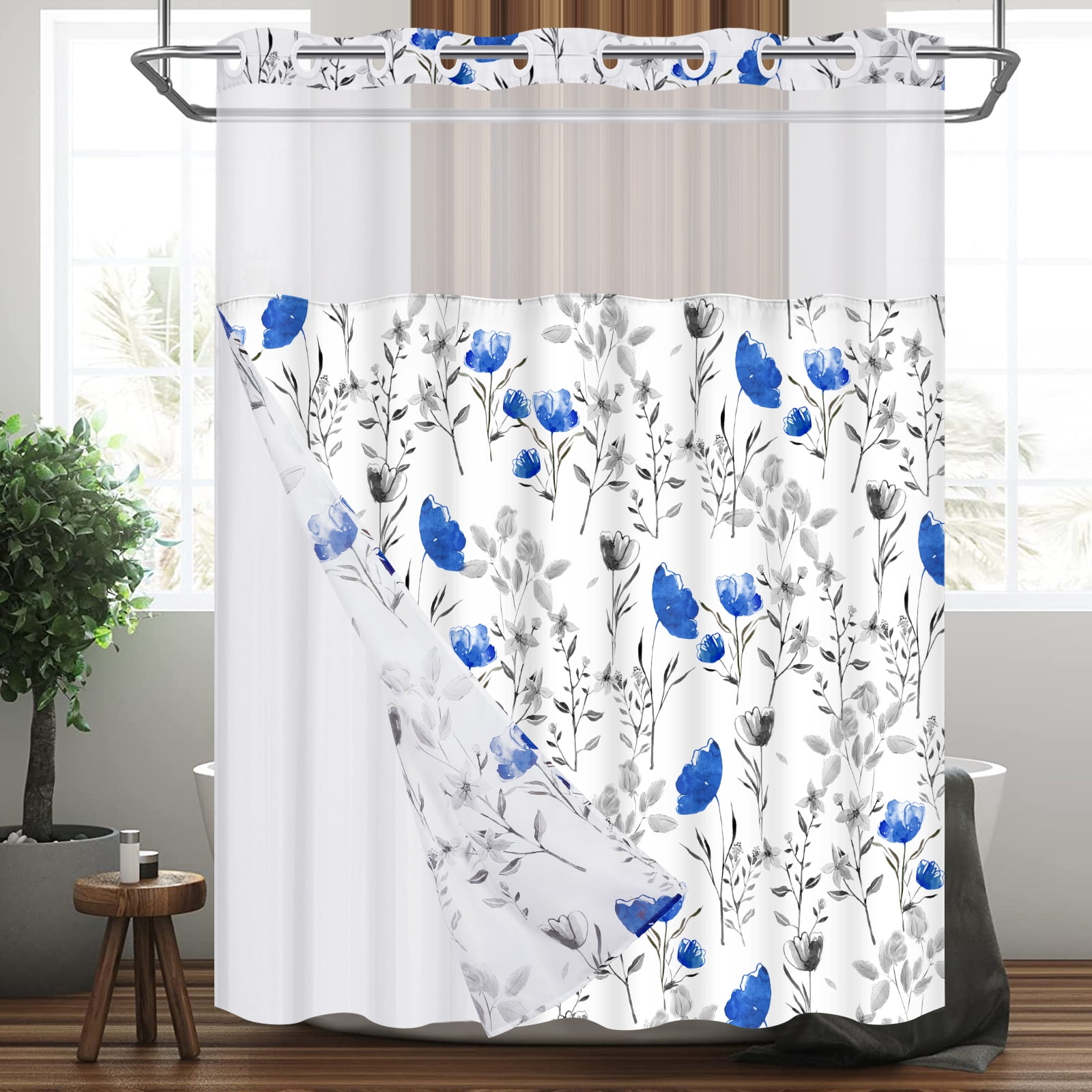 "Ikfashoni Hookless Shower Curtain, Snap-in Liner, Blue Floral Fabric ...