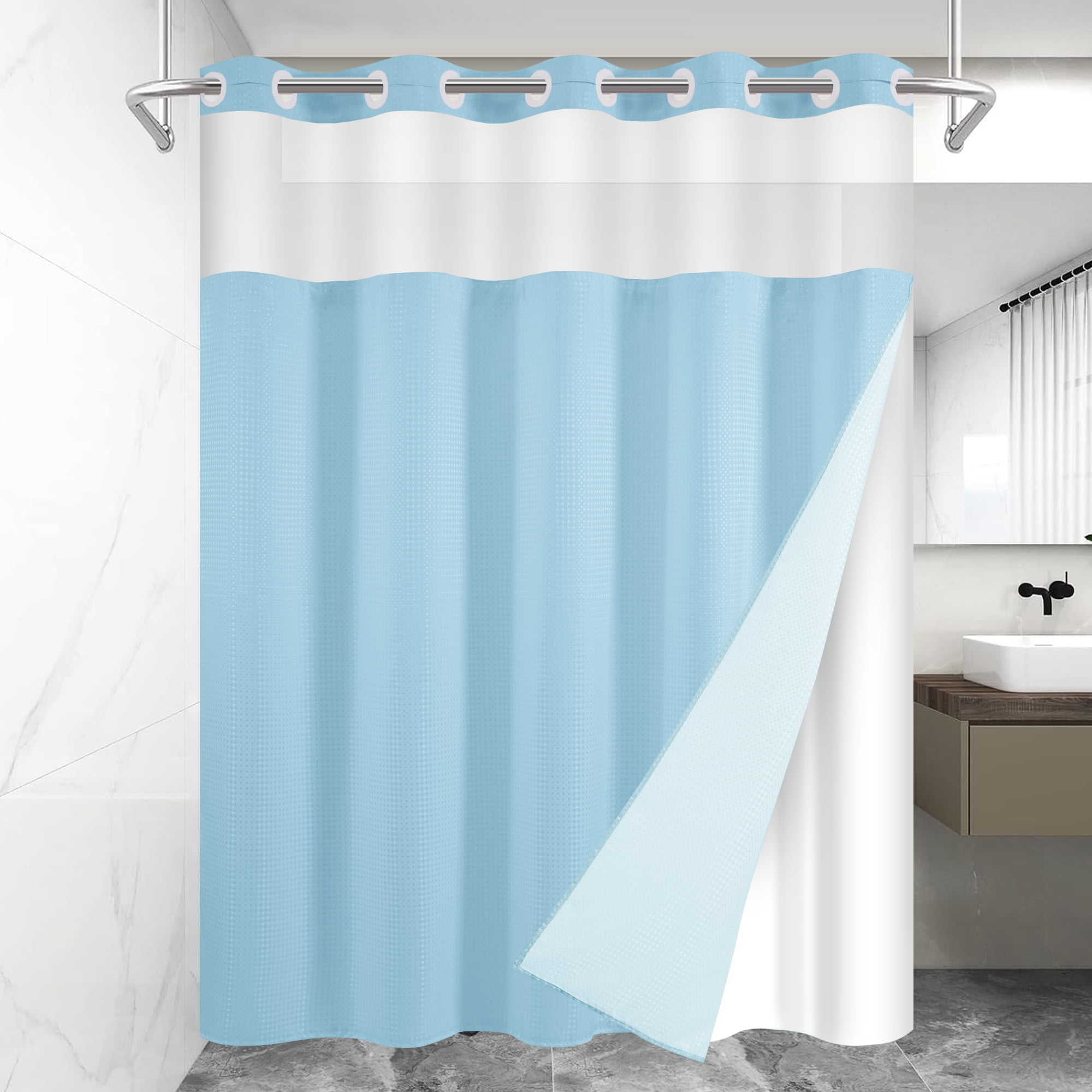 Ikfashoni Hookless Shower Curtain with Snap in Liner,Blue Waffle Weave ...