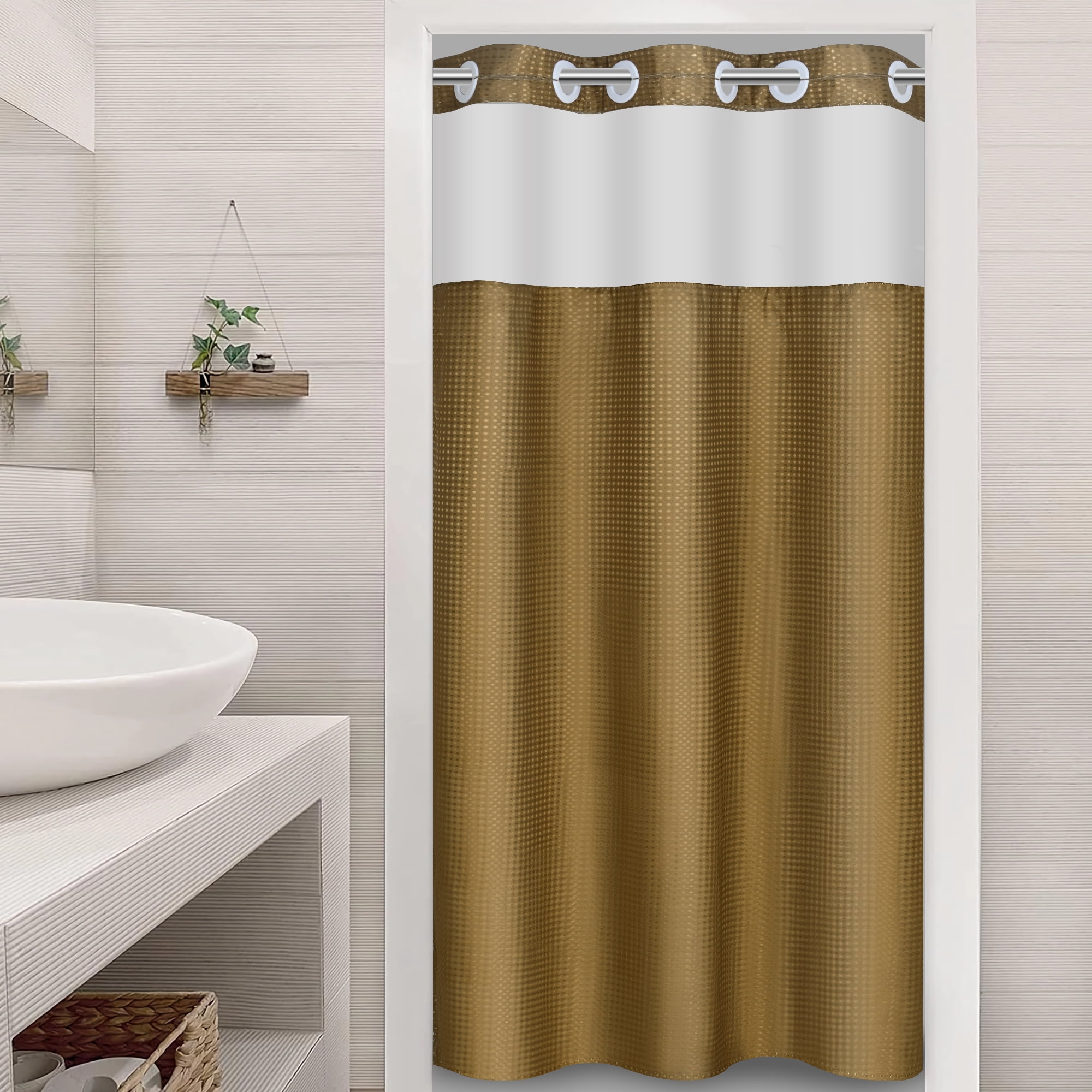 Ikfashoni Hookless Shower Curtain with Snap in Liner,Brown Waffle Weave ...