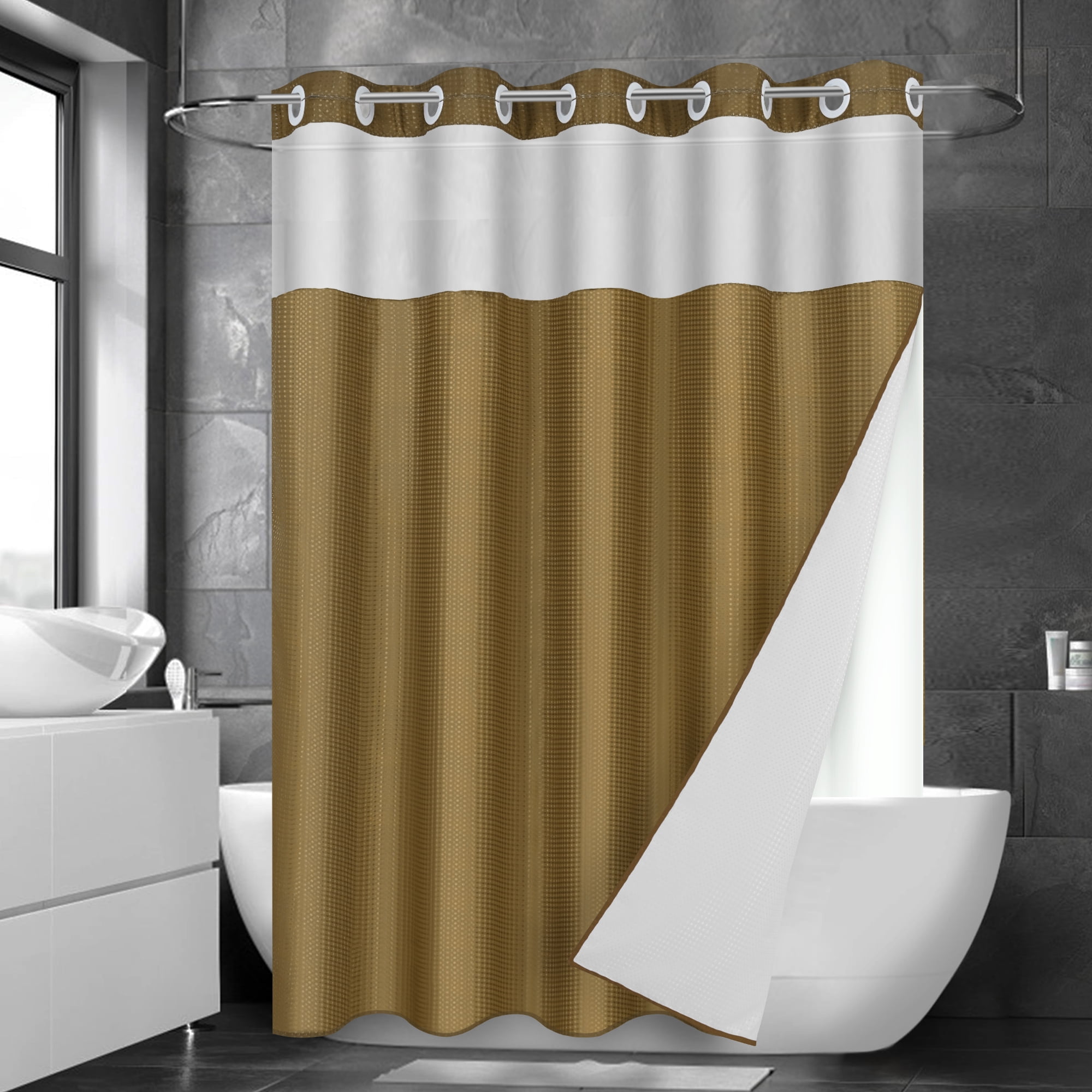 Ikfashoni Hookless Shower Curtain with Snap in Liner,Brown Waffle Weave ...