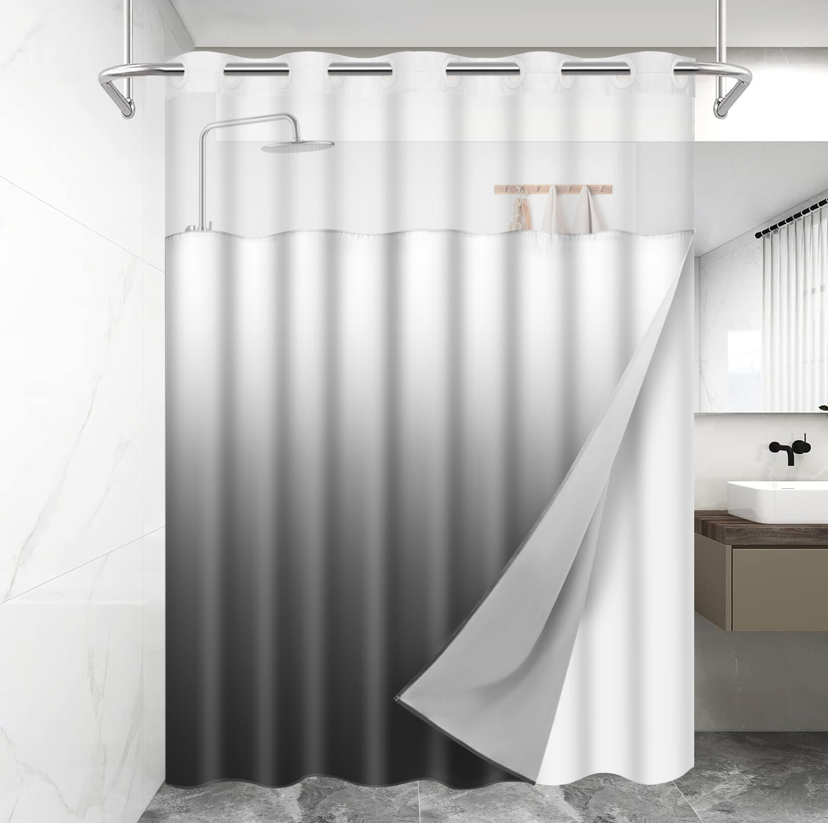 Ikfashoni Hookless Shower Curtain with Snap in Liner, Gray Gradient No ...