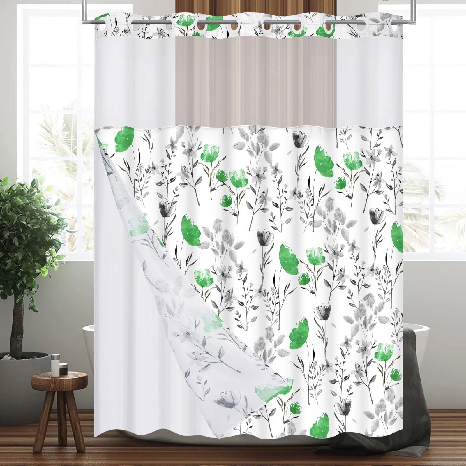 Ikfashoni Hookless Shower Curtain with Snap in Liner, Green Floral ... Ikfashoni Hookless Shower Curtain with Snap in Liner, Green Floral ...