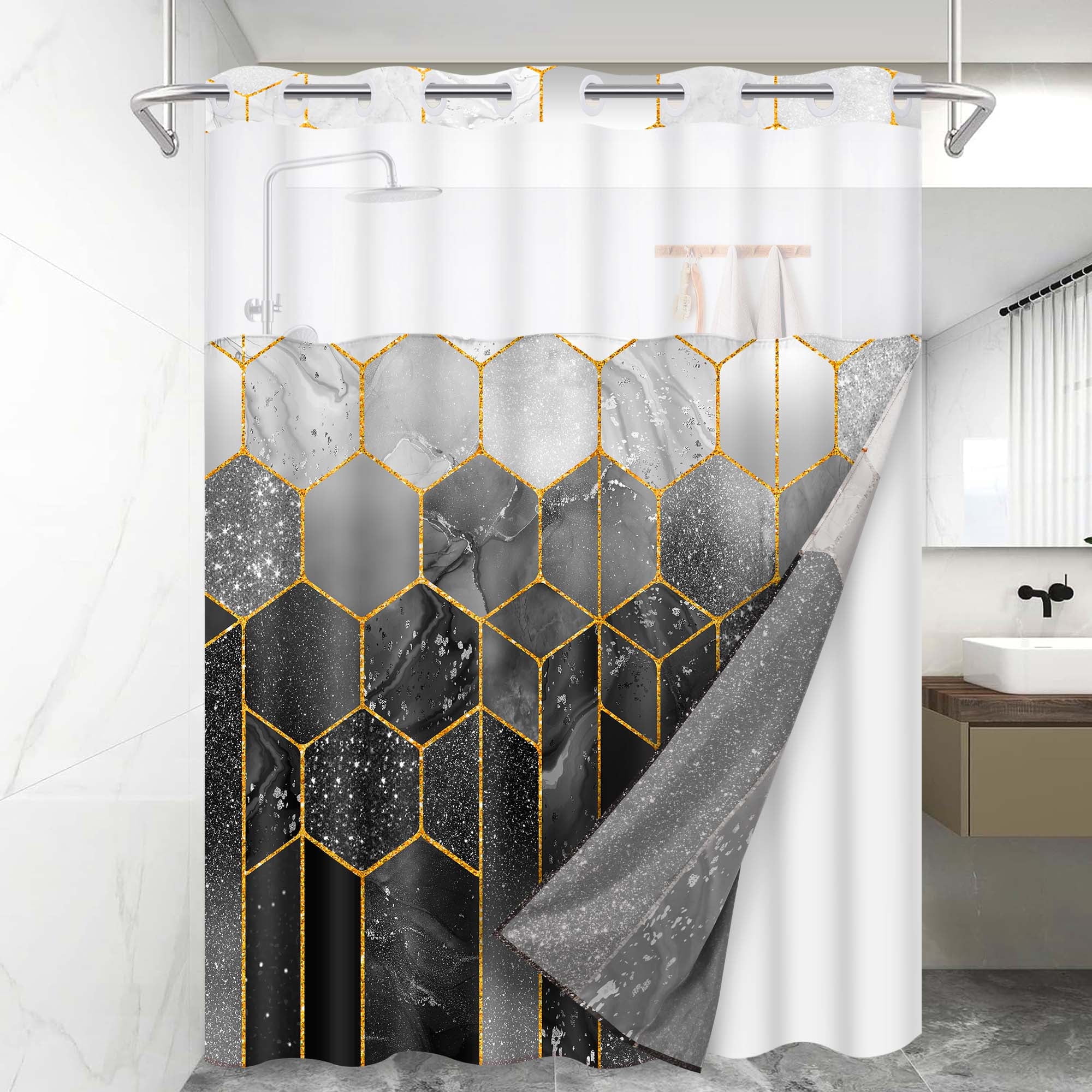 Ikfashoni Hookless Fabric Shower Curtain with Snap in Liner,Hexagon Black Marble No Hook ...